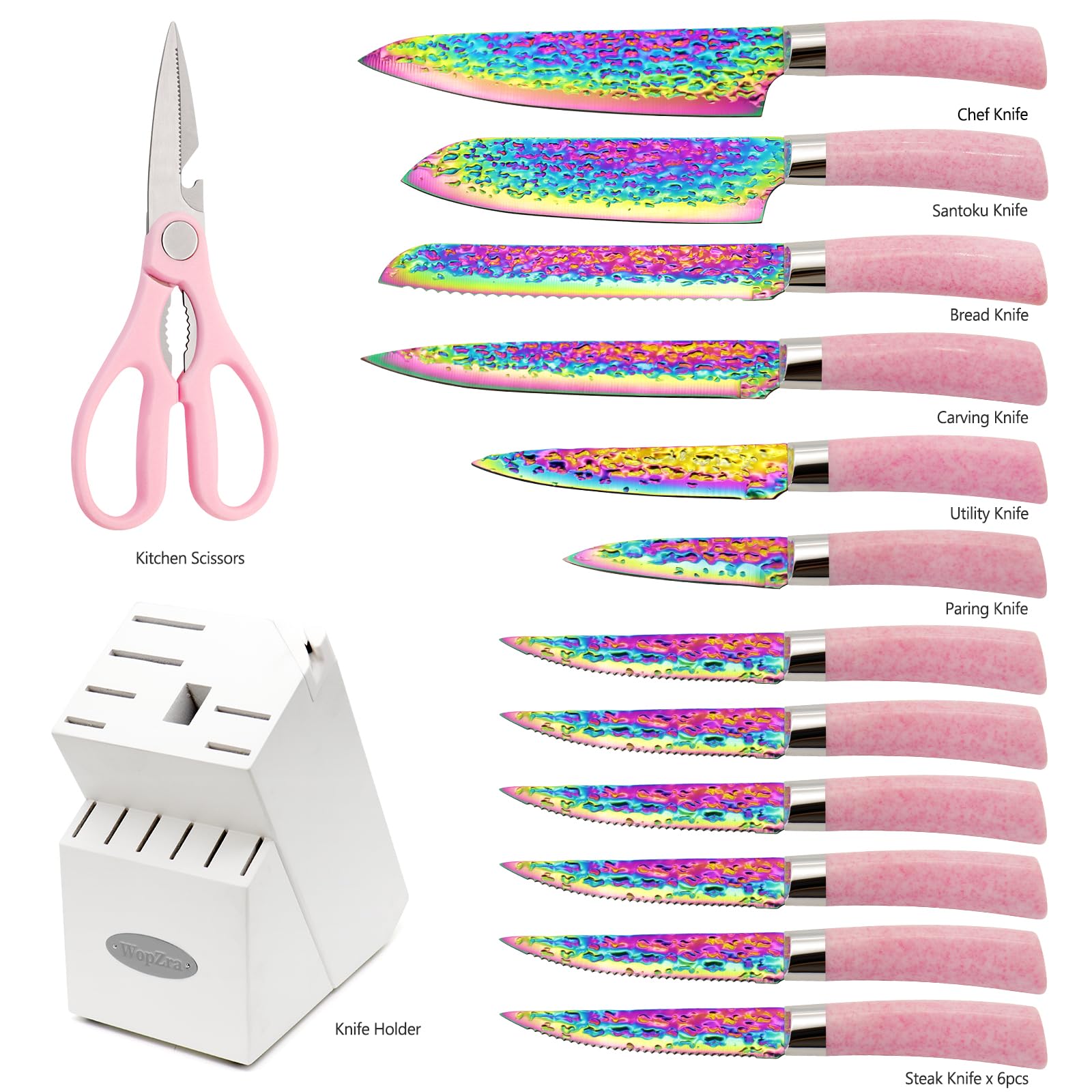 Rainbow Kitchen Knife Set Non Stick Knives with Wood Storage, Serrated Steak Knife, Chef Knife, Scissors with Built-in Sharpener, 14Pcs Ultra-Sharp Cutlery Block Sets for Home & Pro Use Best Gift