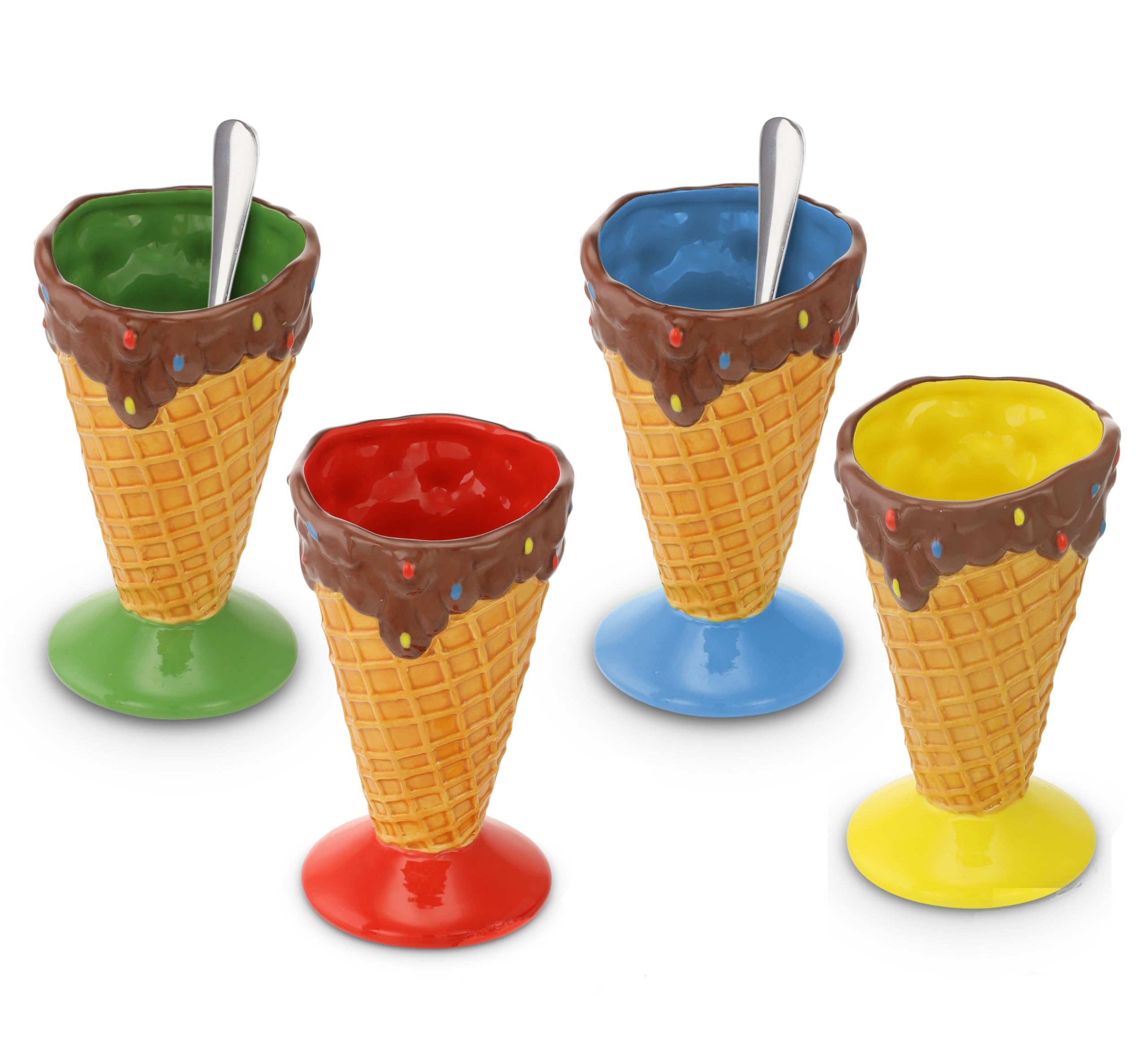 Kovot Ceramic Dessert & Ice Cream Cone Set - Includes 4 Ceramic Cones And 4 Metal Spoons