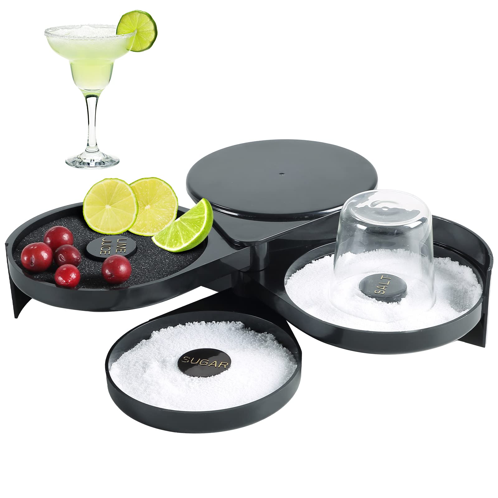 MAOPINER 3-Tier Bar Glass Rimmer Bartender Tool with Sponge, 3-Tray Black Plastic Glass Rimming Sugar Lime Juice Salt Glass Rimmer Tray for Cocktails Margaritas Bloody Marys and Gimlets