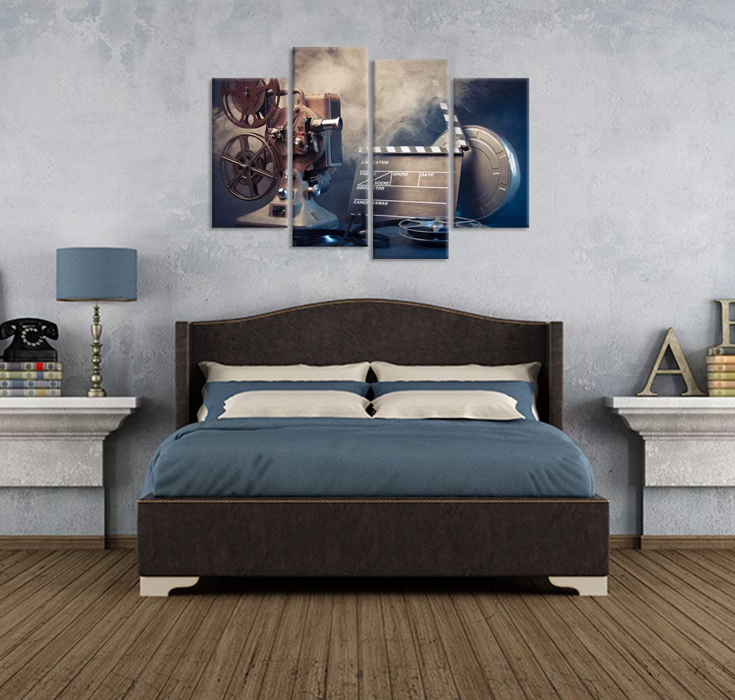 iHAPPYWALL 4 Panel Old Film Canvas Wall Art Filmmaking Concept Scene Dramatic Lighting Still Life Picture Stretched and Framed For Living Room Bedroom Home Decor Ready To Hang