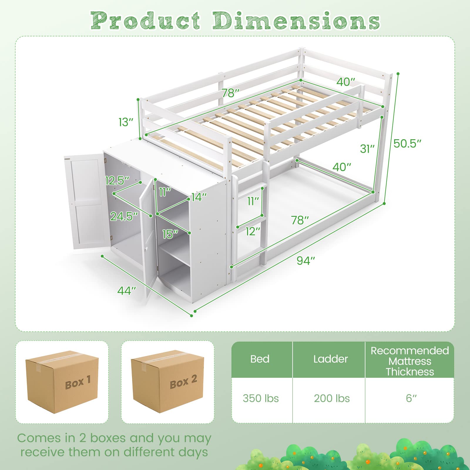Giantex Twin Over Twin Bunk Bed with Storage Shelves, Solid Wood Bunk Bed Frame with Convertible Bookcase & Ladder, Floor Low Bunk Bed with High Guardrails for Kids Teens, No Box Spring Needed, White