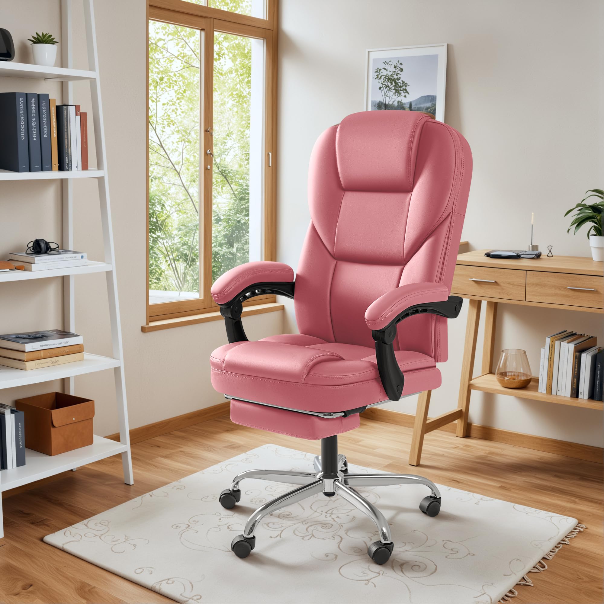 Shahoo Executive Office Chair with Massage, Ergonomic Reclining High Back Leather Seats with Footrest and Lumbar Support, Big and Tall, 500Lbs Heavy Duty, Pink