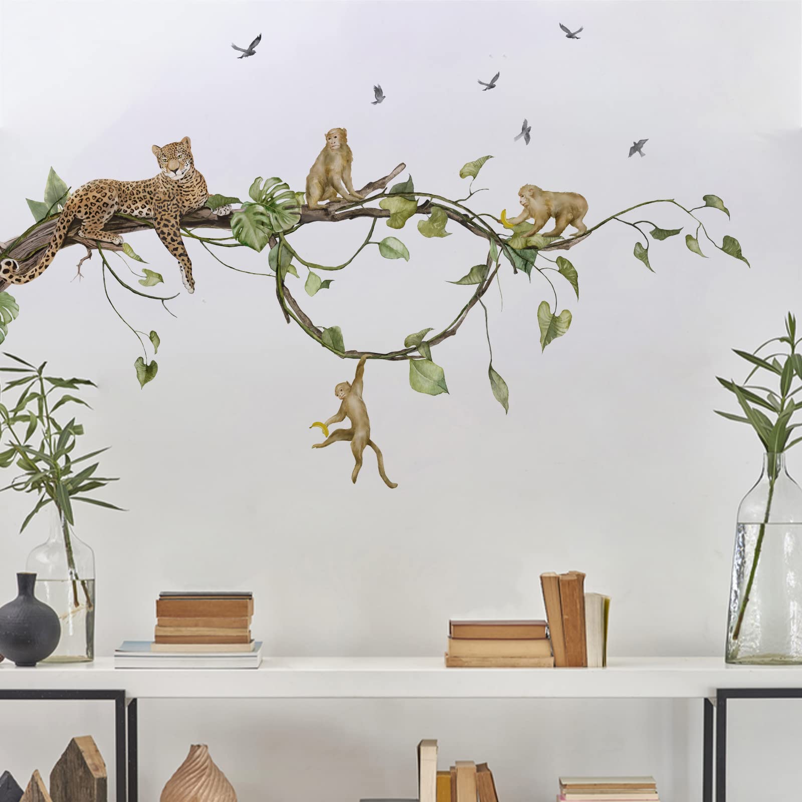 Mfault African Leopard Monkey Climbing Tree Wall Decals Stickers, Safari Jungle Animals Nursery Decorations Boys Bedroom Art, Tropical Bird Kids Playroom Classroom Room Decor