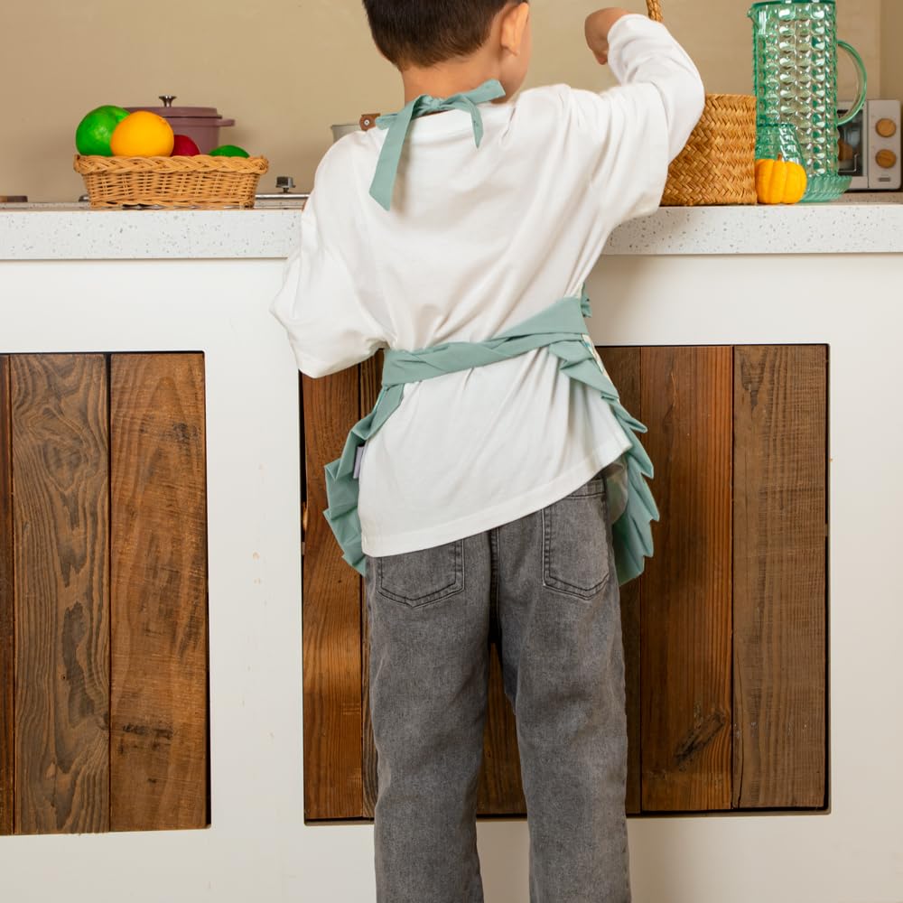 NEOVIVA Kitchen Apron for Kids with Pockets in Daily Play Kitchen, Double-layered Toddler Girls Apron for Cooking, Baking and Gardening, Style Kathy, Floral Hydrangea Clear Aqua