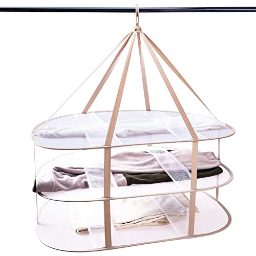 Sweater Flat Mesh Stackable Laundry Drying Rack, Lay Flat Dryer for Delicates, Portable Dry Rack for Indoor and Outdoor, 3 Tier Foldable, Beige