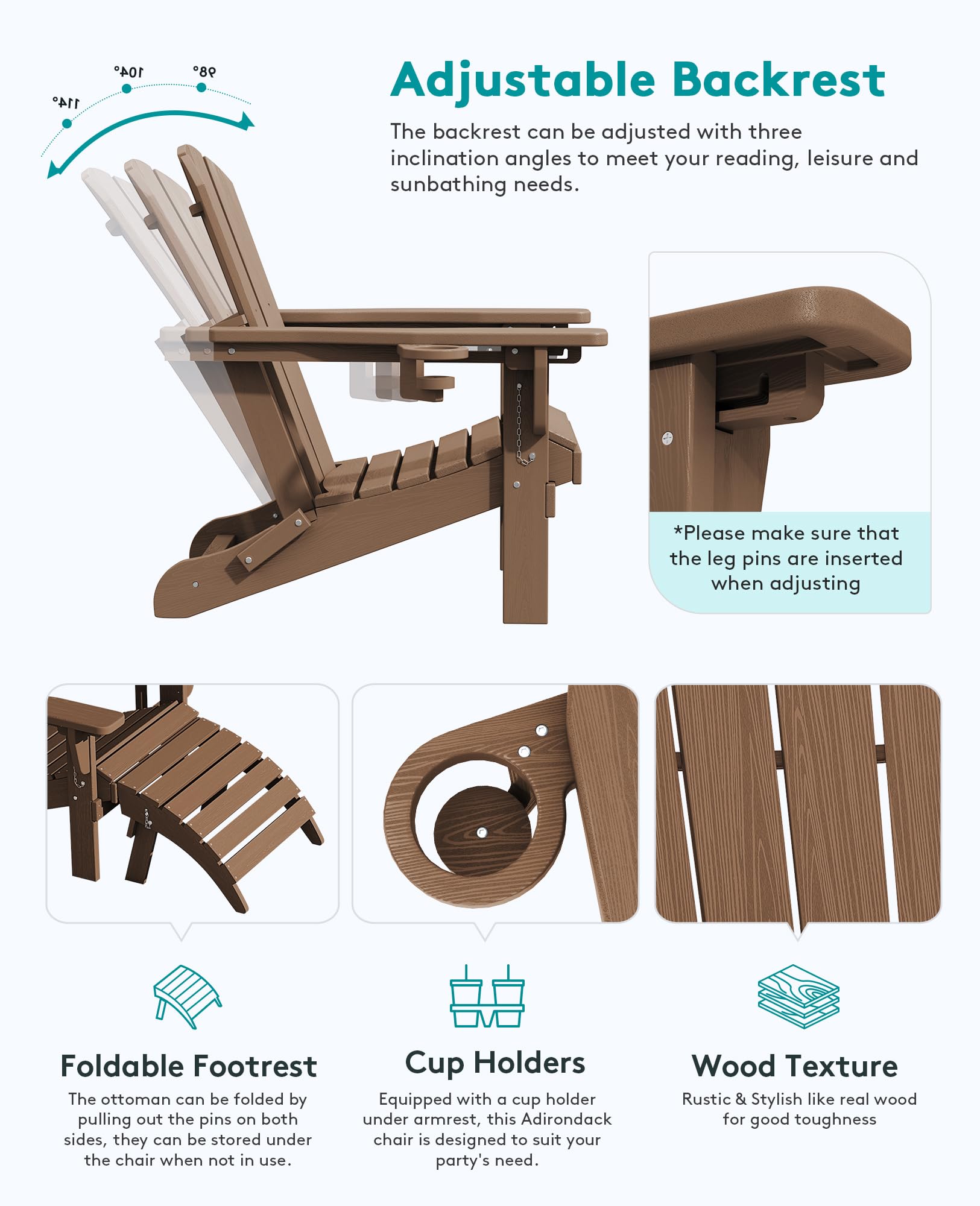 SERWALL 5-Piece Adirondack Chair and Ottoman and Table Set, Brown