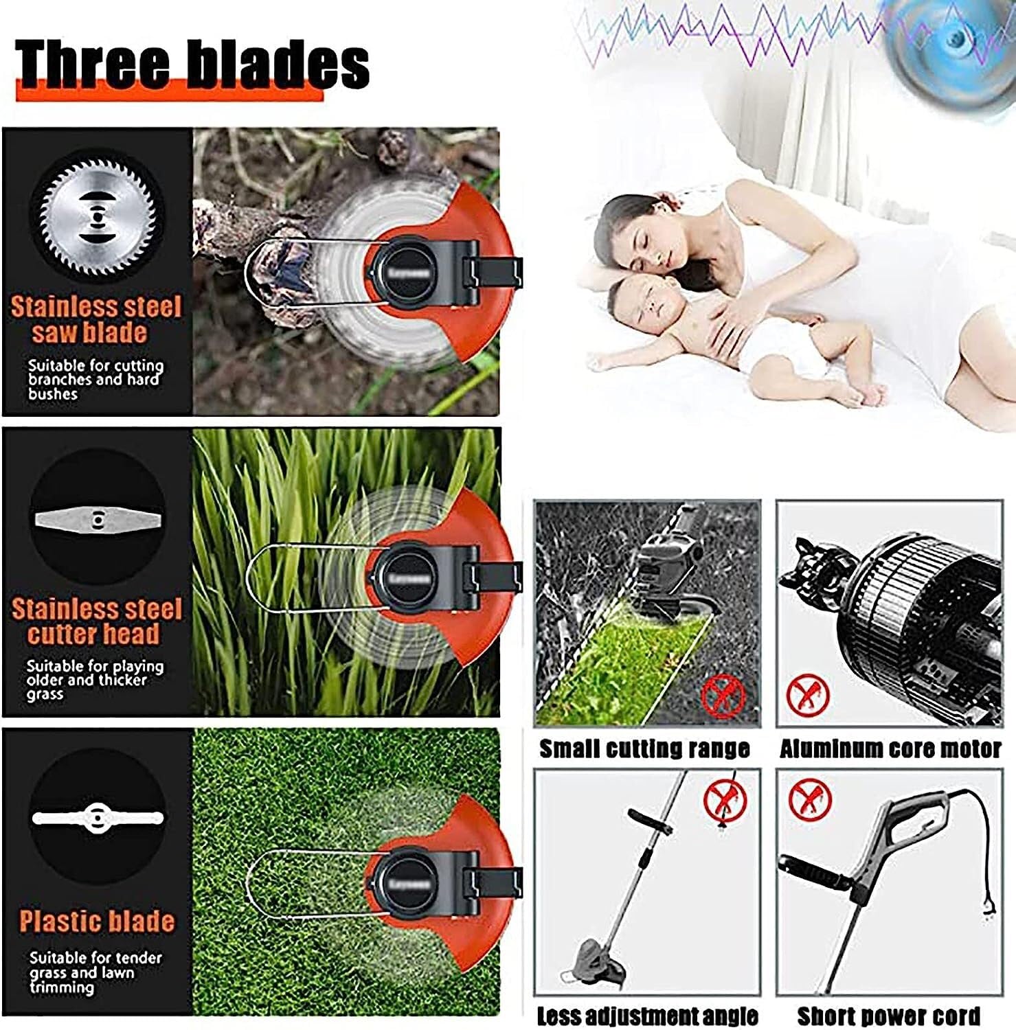 Handheld Cordless Trimmer, 24v Electric Handheld Lawn Mower with 3 Styles Blades 2 Batteries 1 Charger Adjustable Length Machine Head Angle Weeder