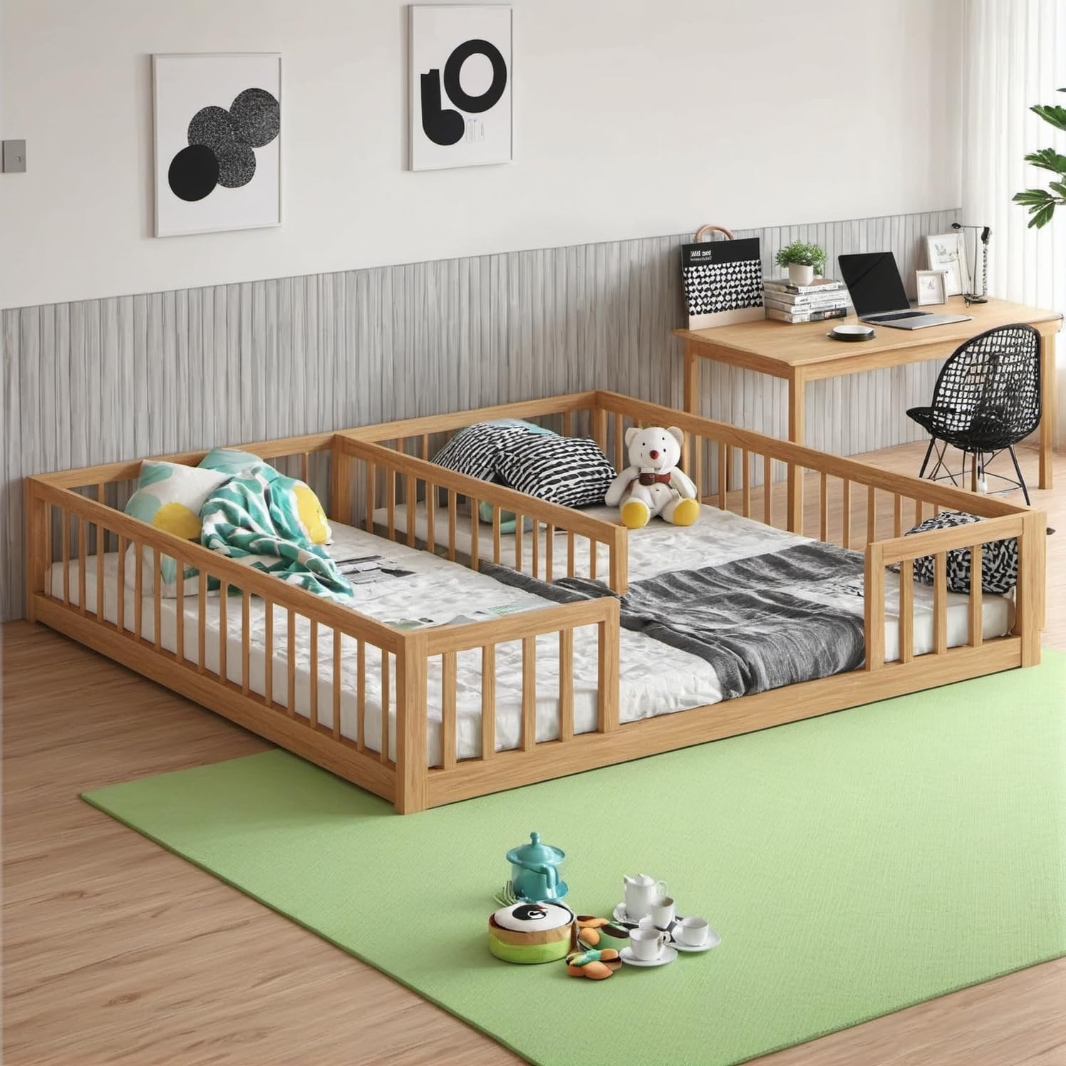 PVWIIK Twin Size Double Montessori Bed for Kids, Girls, Boys Bedroom,Twin Floor Bedframe w/Fence,Easy Assembly & No Box Spring Needed, Natural