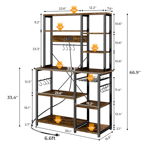 SUPERJARE Large Bakers Rack with Power Outlets, 6-Tier Microwave Stand, Coffee Bar with 12 S-Shaped Hooks, Kitchen Shelf with Wire Basket, 39.3 x 15.5 x 66.9 Inches, Rustic Brown