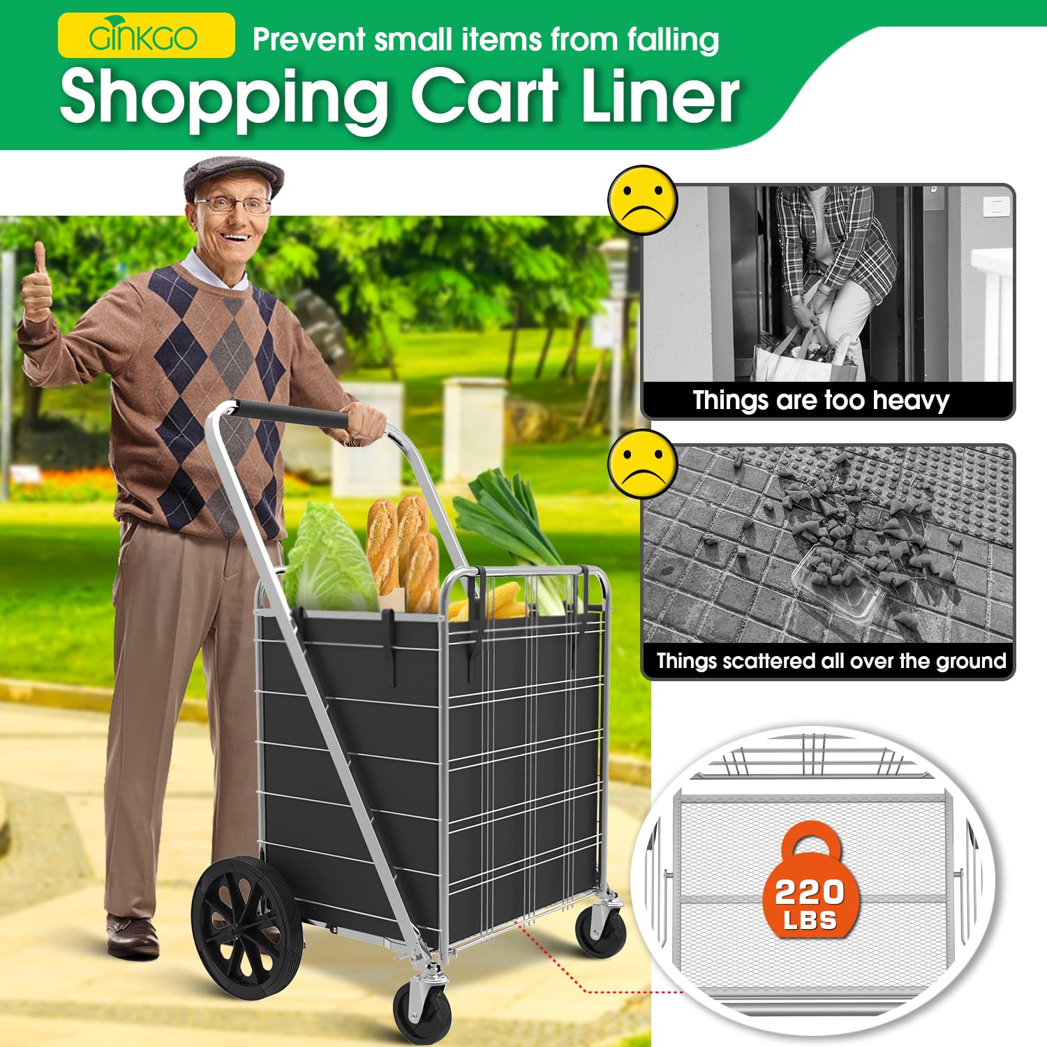 Jumbo Shopping Cart with Wheels and Liner 360° Metal Roller Foldable Grocery Laundry Cart, Up to 220 lbs