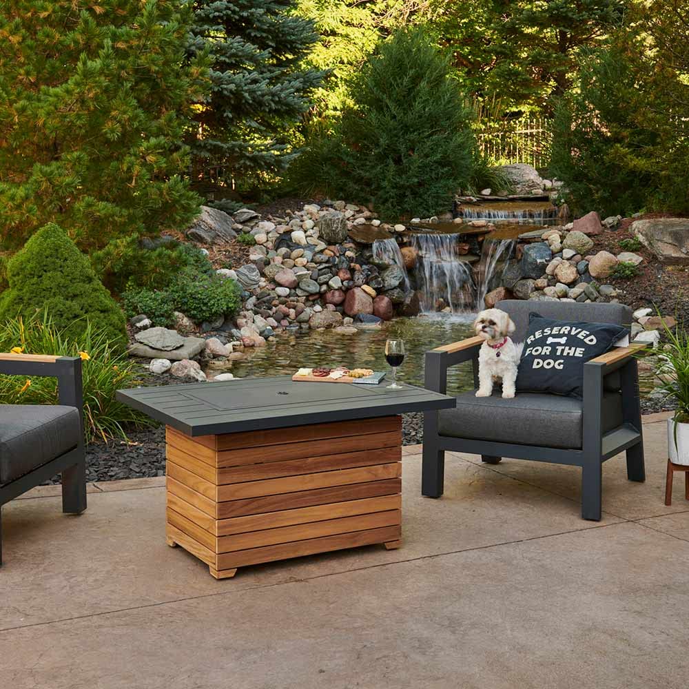 Outdoor GreatRoom Co Propane Fire Pit Table - Darien Gas Fire Pits for Outside Patio - 44 Inch Rectangular Everblend Concrete Firepit Fire Table, Wood Base, Glass Tabletop Cover, 55,000 BTU - Black