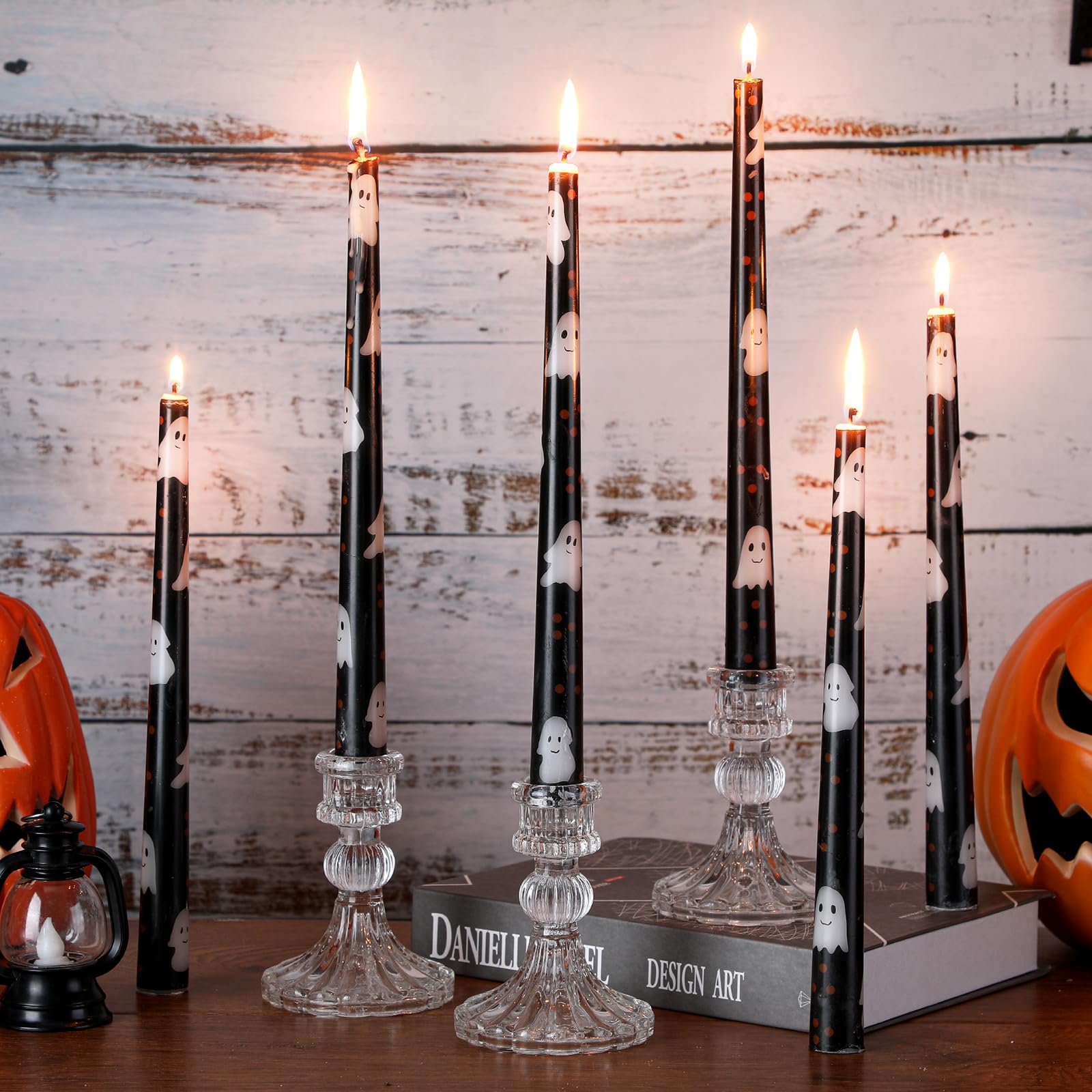 Threlaco 6 Pcs 9.8" Black Halloween Taper Candles Ghost Candles Unscented Taper Candles Ghost Halloween Decor for Halloween Dinner Table Party Gift Home Decorations