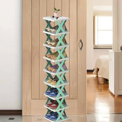 Joyivike 9 Tier Folding Shoe Rack, Green, Plastic, Compact, Space Saving, Adjustable, Stackable, Foldable, Easy to Install, Can Store Shoes, Books, Magazines, Toys