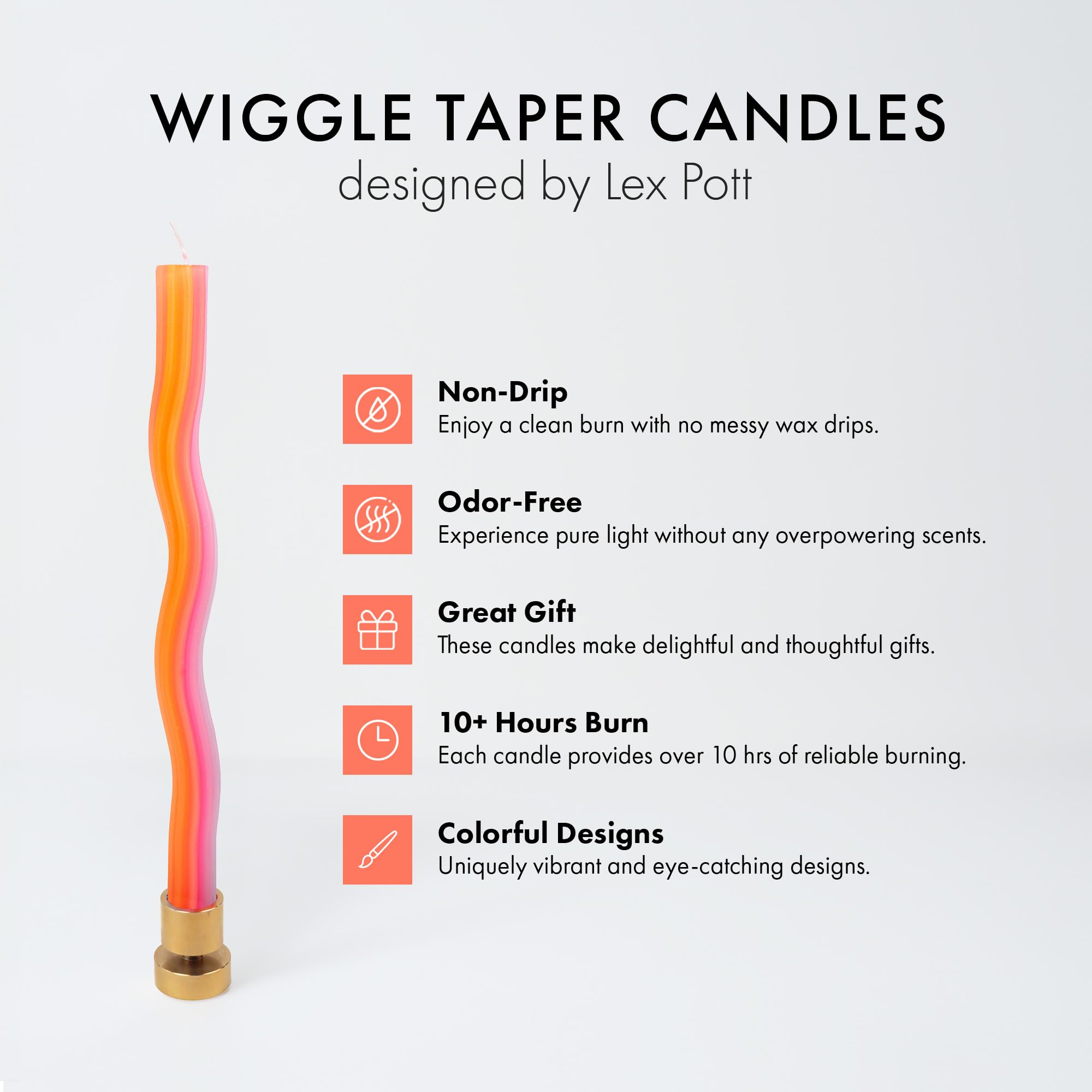 Wiggle Candles (2 Pack) - Joyful Dancing Design Taper Candlesticks | Bright Colors | 7/8β diam x 11β Length | Designed by Lex Pott | Made in USA (Orange)