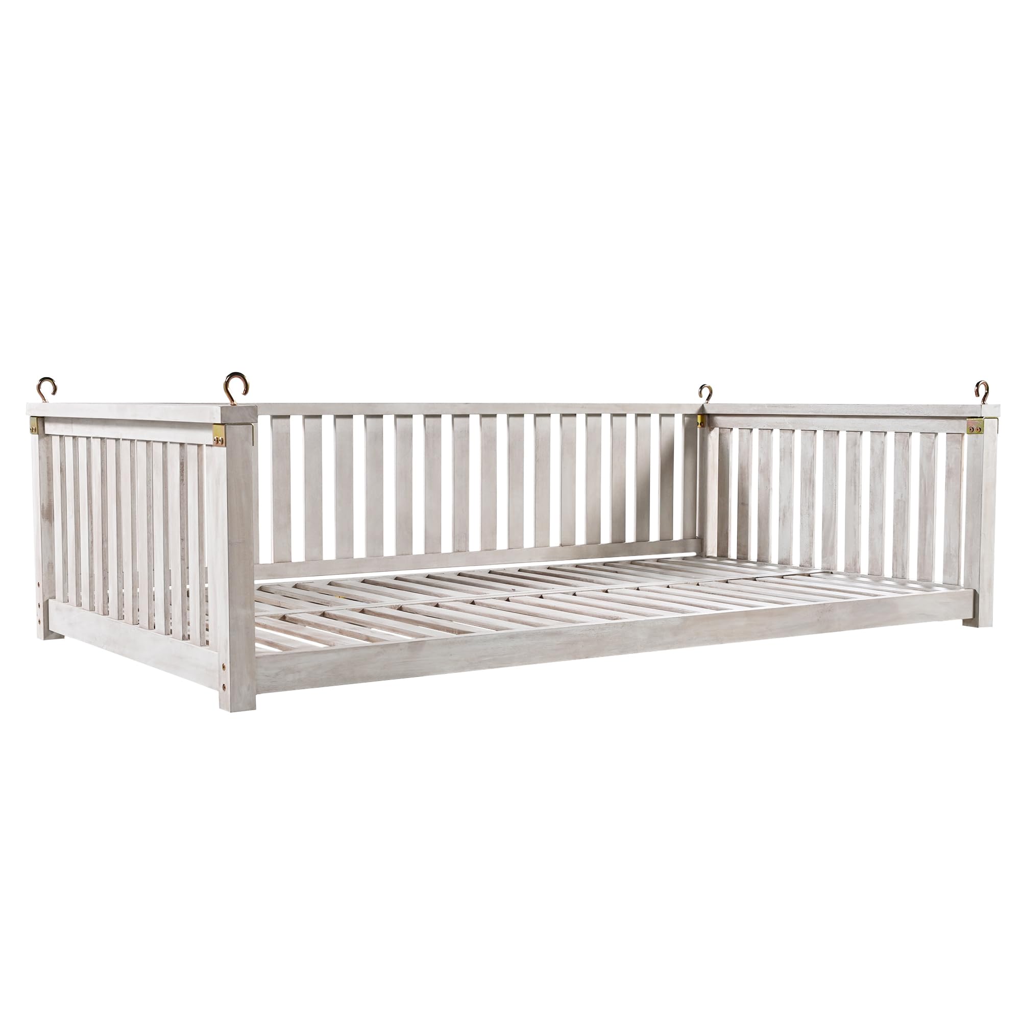 Patio Minimalist Twin Size Garden Swing Bed Wood Porch Swing with Ropes for Backyard, Safe Sloped Design (White)