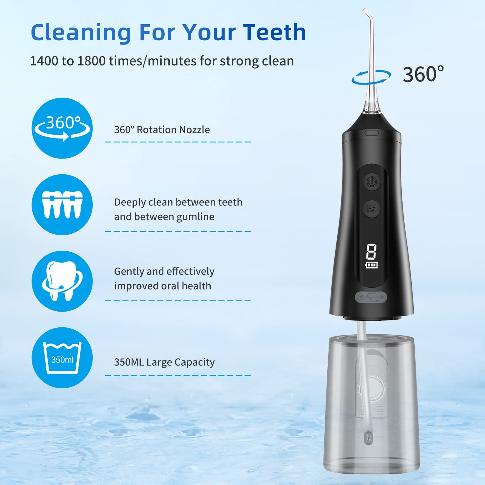 LVLAM Water Flosser Portable Dental Oral Irrigator with 9 Modes, 4 Replaceable Jet Tips, Rechargeable Waterproof Teeth Cleaner for Home and Travel -350ml Detachable Reservoir (Black)