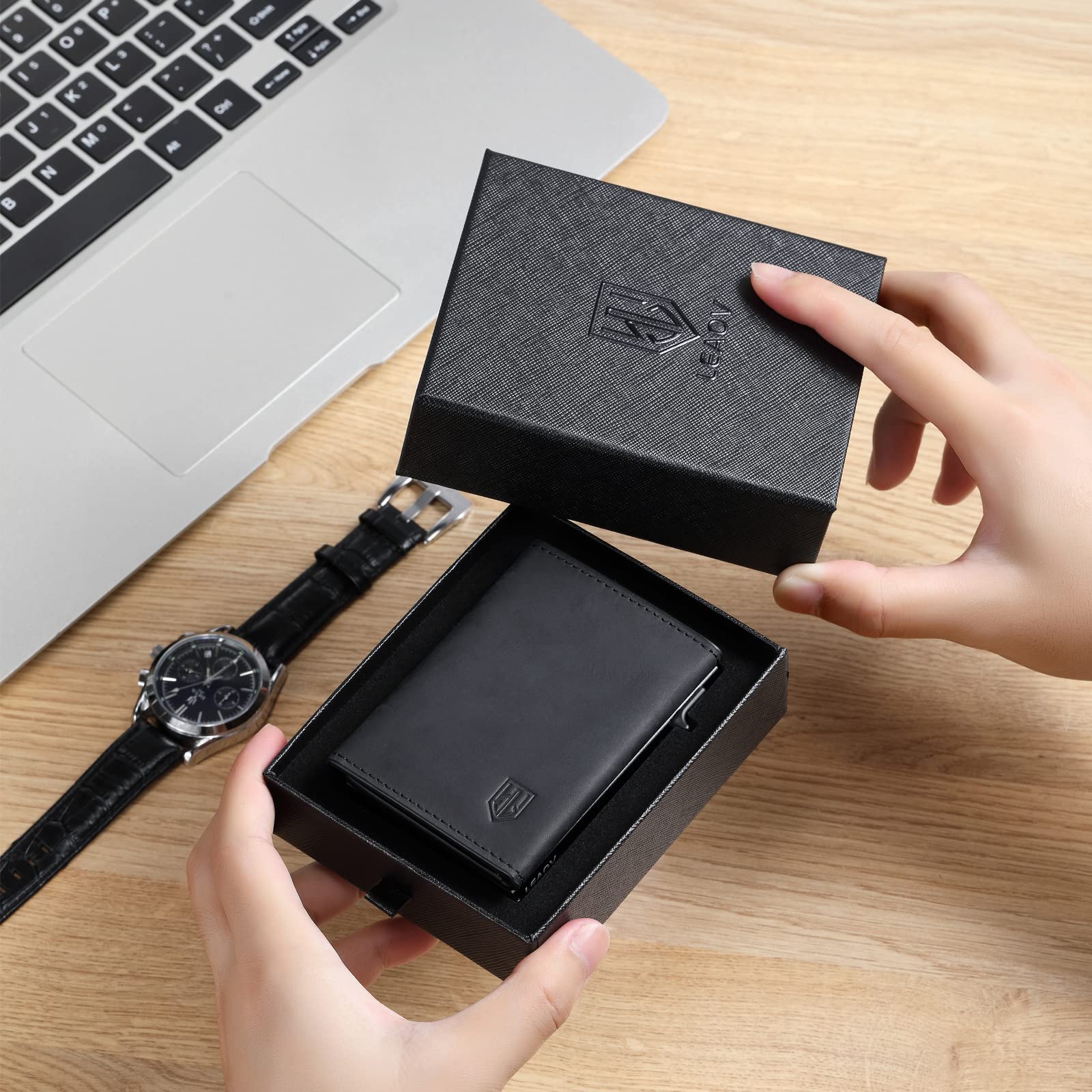 Leaov AirTag Wallet RFID Blocking Pop Up Wallet Credit Card Holder for Apple AirTag,Genuine Leather Simple AirTag Wallet(AirTag not included) Black