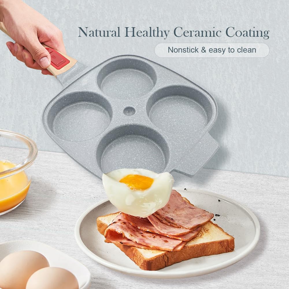 RANXINGST Ceramic Egg Frying Pan with Lid, Nonstick 4 Cup Fried Egg Pan with Detachable Handle, Omelette Pan Induction Compatible - Blue