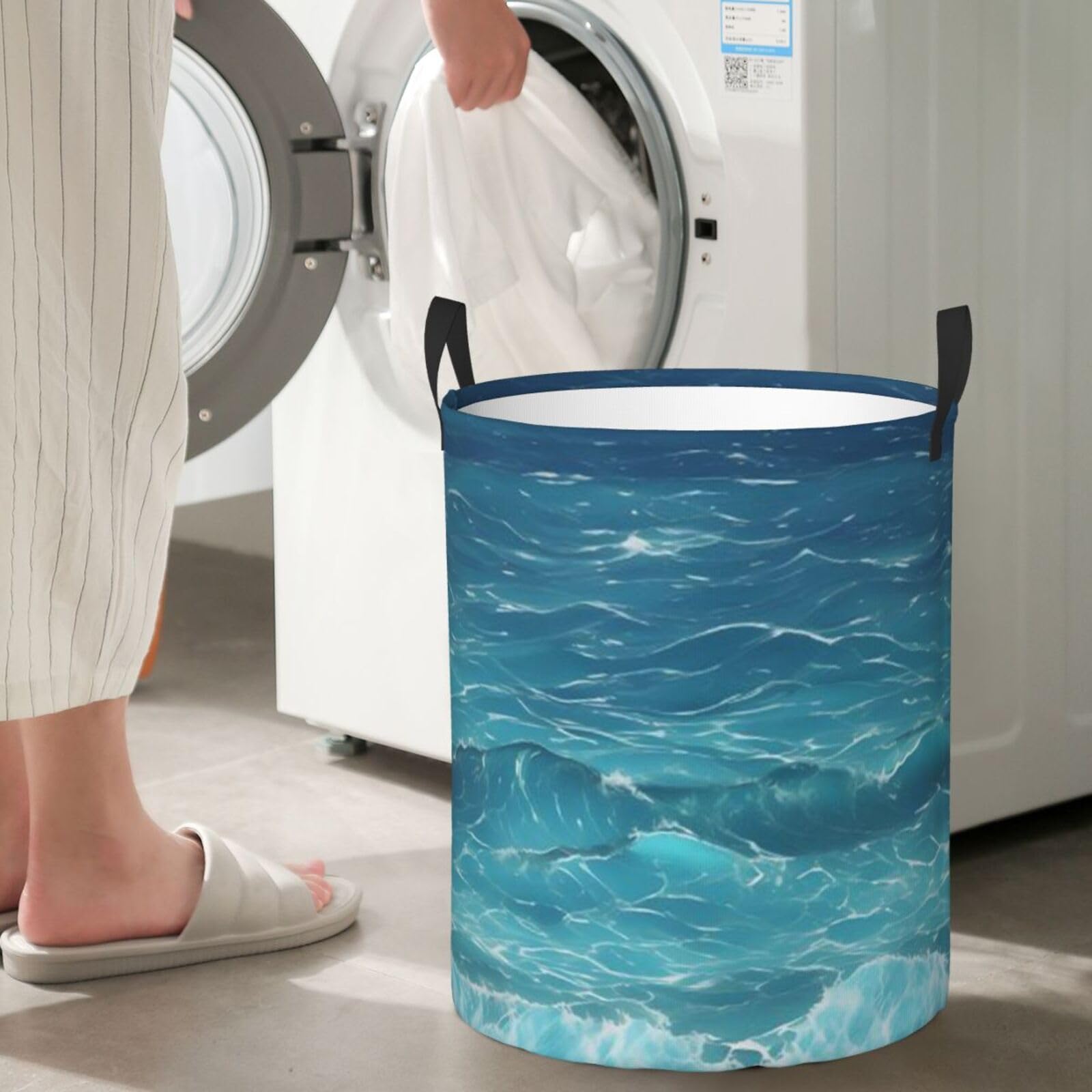 The Deep Ocean Print Laundry Basket for Bathroom Laundry Hamper with Handles Collapsible Circular Hamper Waterproof Dirty Clothes Hamper Organizer Basket