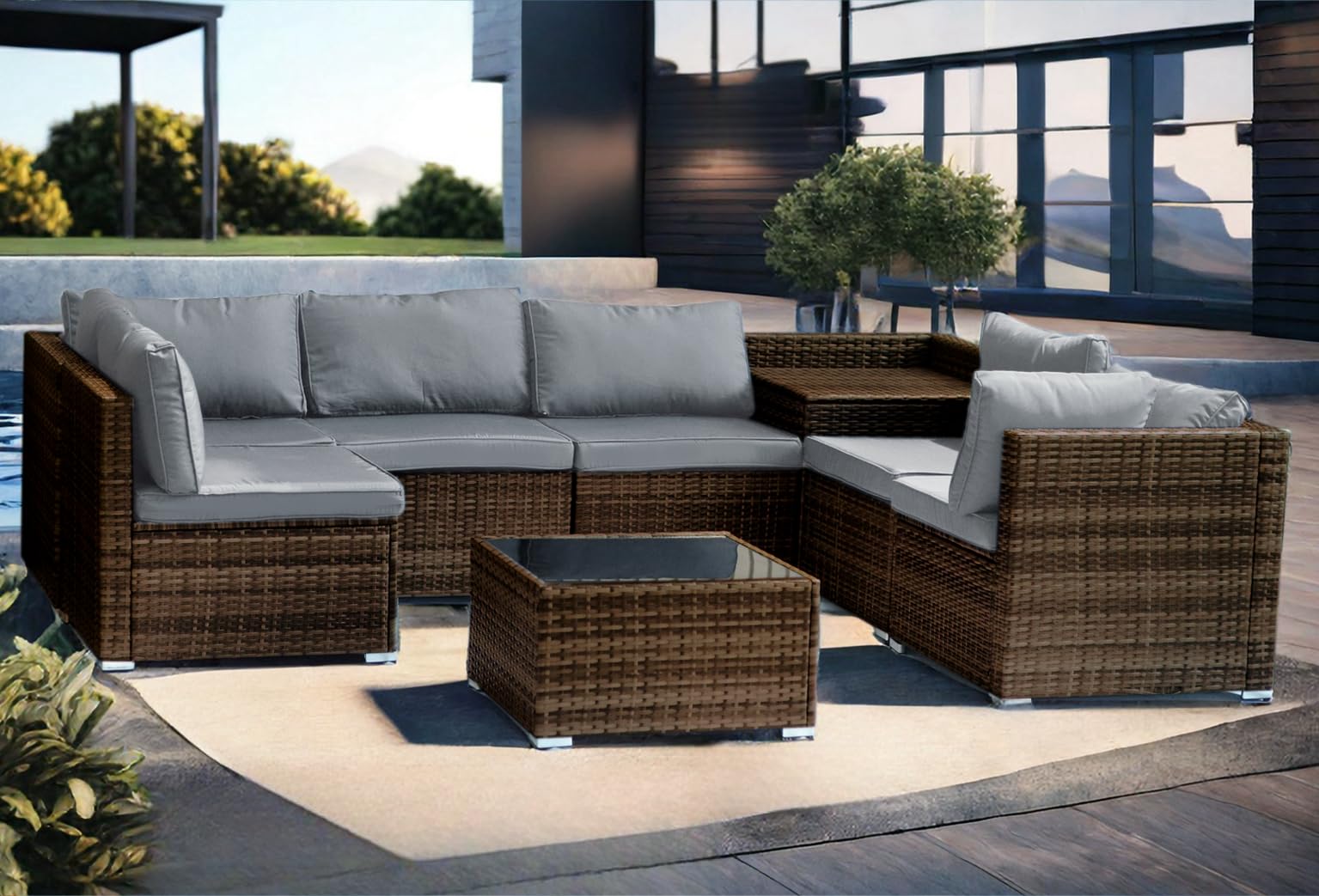 PatLoom 8-Piece Modular Outdoor Wicker Patio Furniture Set - Sectional PE Rattan Sofa with 2 Pillows, Coffee Table, Protective Cover - Garden, Backyard, Porch Conversation Set (Grey)