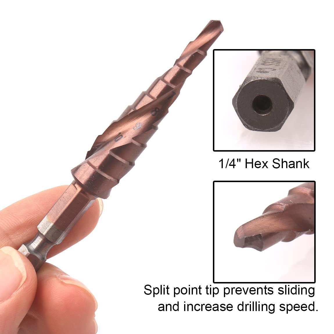 LWCUSNJ Cobalt Step Drill Bit, M35 5% HSS Co, Spiral Flutes and 1/4 Inch Hex Shank, Unibit Step Bit for Hole Drilling in Metal, Copper, Aluminum, Wood, Plastic (4-12mm,1pc)