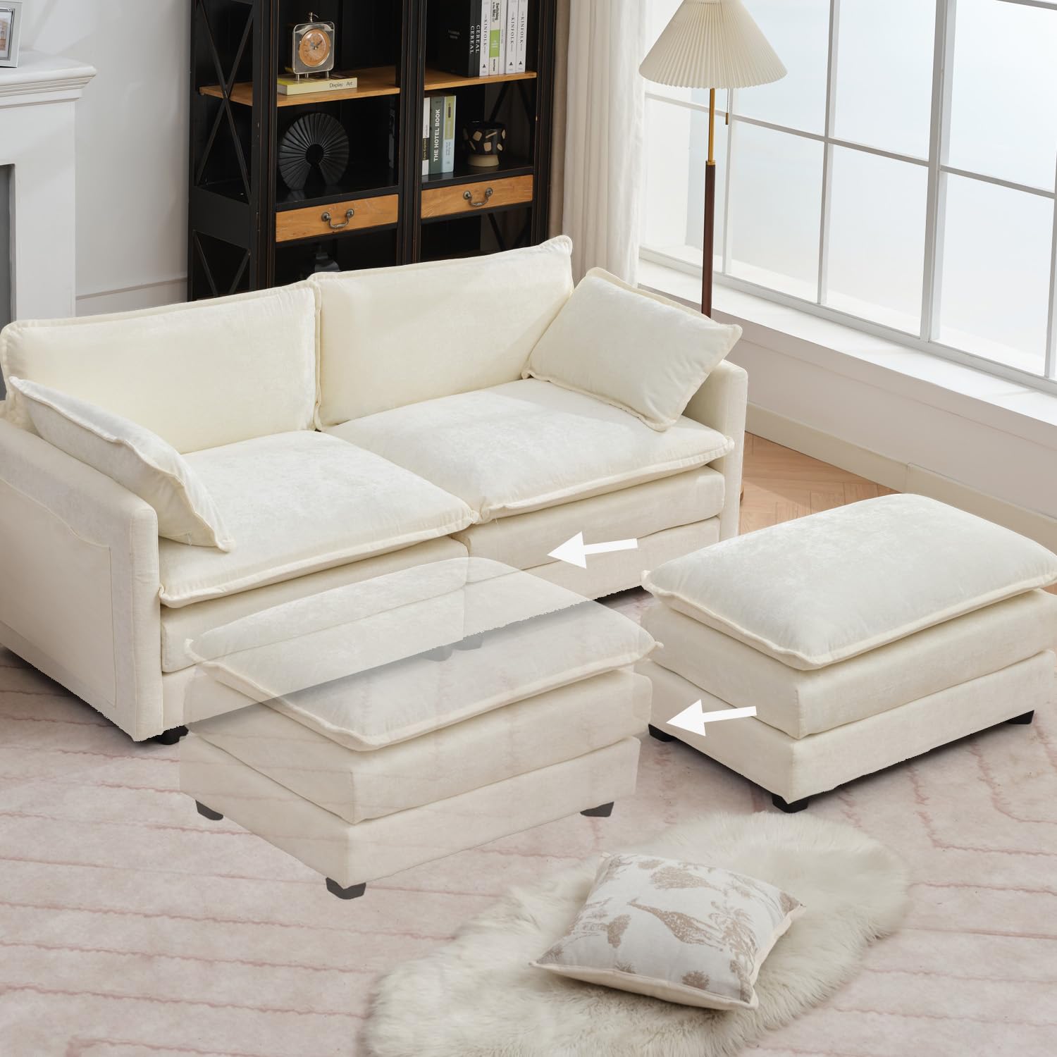 TPHORK Sectional Sofa Cloud Couch with Ottoman, Comfy Sofa Couch for Living Room with Chenille Upholstered (Black, 2-Seat)