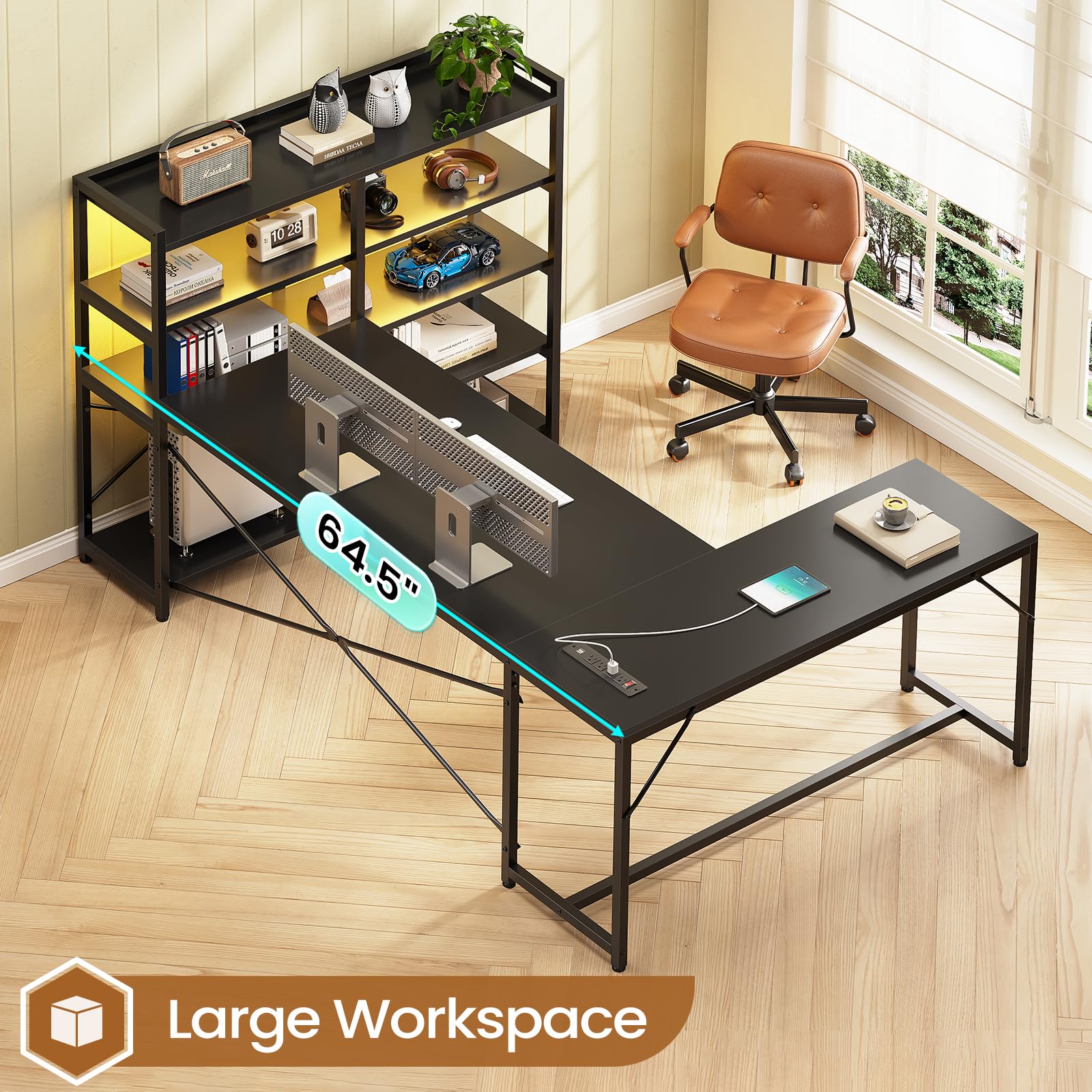 SEDETA L Shaped Desk with Storage Shelves, 62.6" U Shaped Computer Desk, L Shaped Gaming with LED Lights and Hook for Home Office, Rustic Brown