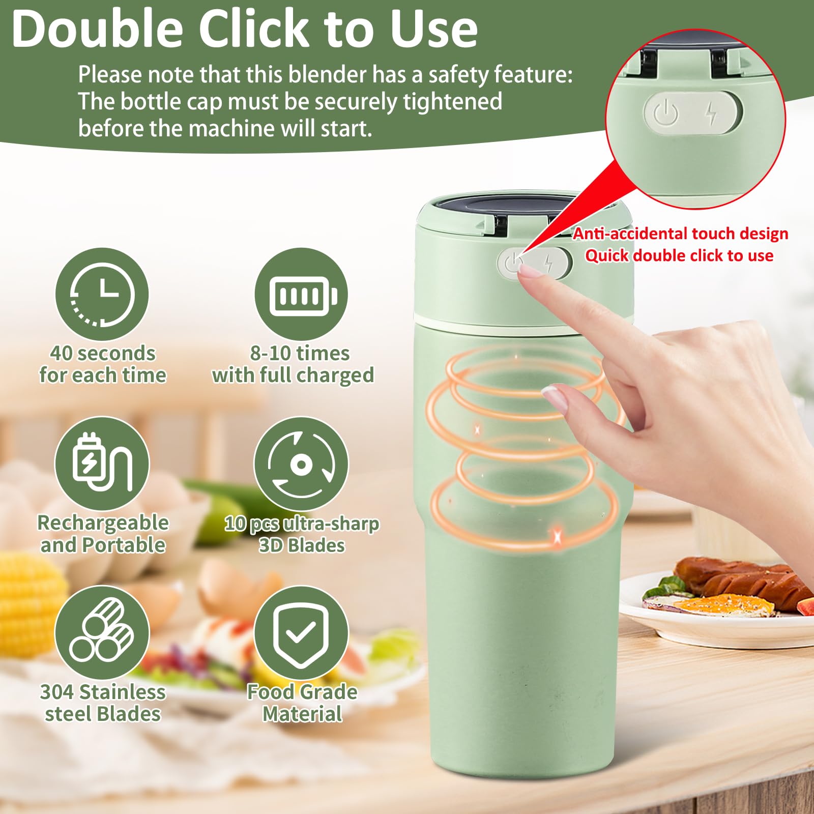 Portable Blender for Smoothies and Shakes,Personal Blender, 15 oz Vacuum Insulated Stainless Steel Keep Cold or Hot,BPA Free,USB Rechargeable,Travel Blender for Anywhere,Green(1 Pack)