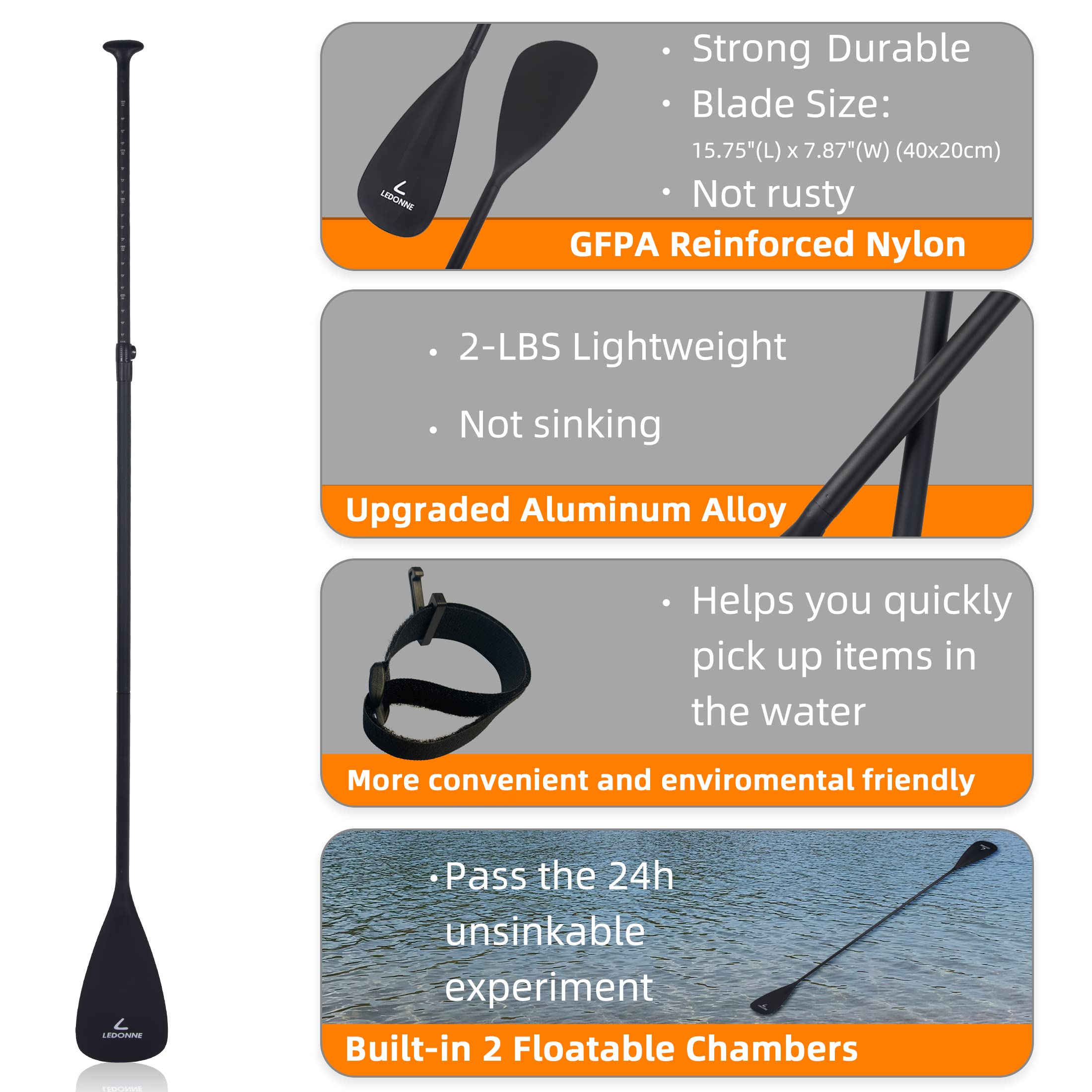 LEDONNE SUP Paddle 4-Piece Adjustable Stand Up Paddle Floating Lightweight Portable Kayak Paddle Paddleboard Oar with Aluminum Alloy Shaft, 2 Nylon Blades, Hook&Loop for Floating Water Sport, Black
