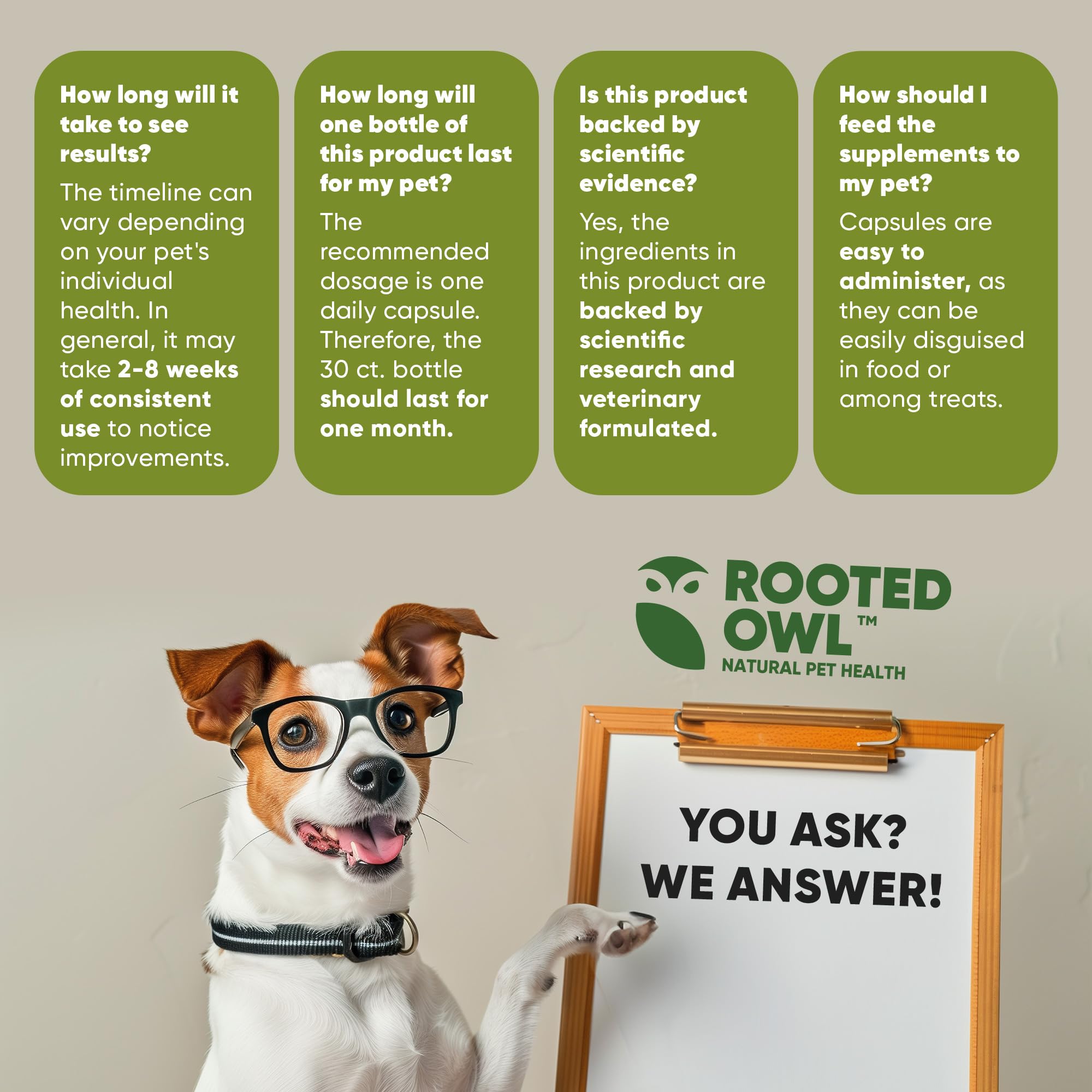 Rooted Owl Joint and Muscle Health - Hip and Joint Supplement for Dogs with UC-II Type II Collagen and L-Carnitine - Medium and Large Dog Joint Supplement - 30/ct
