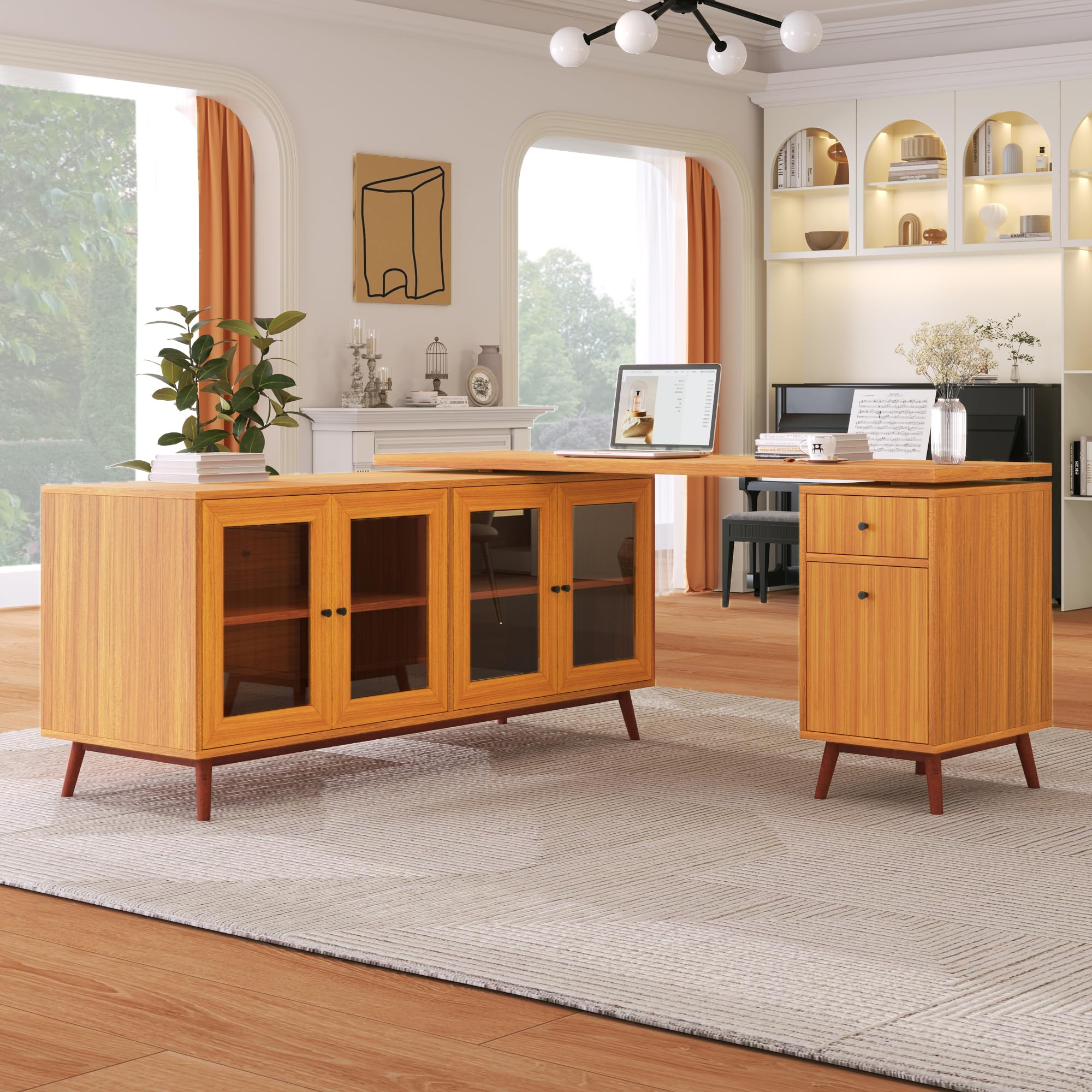 Pajadar L-Shaped Desk 66.5", Modern Executive Table with Delicate Tempered Glass Cabinet Storage, Teak Desk with Drawers, Long Desk for Modern Home Office