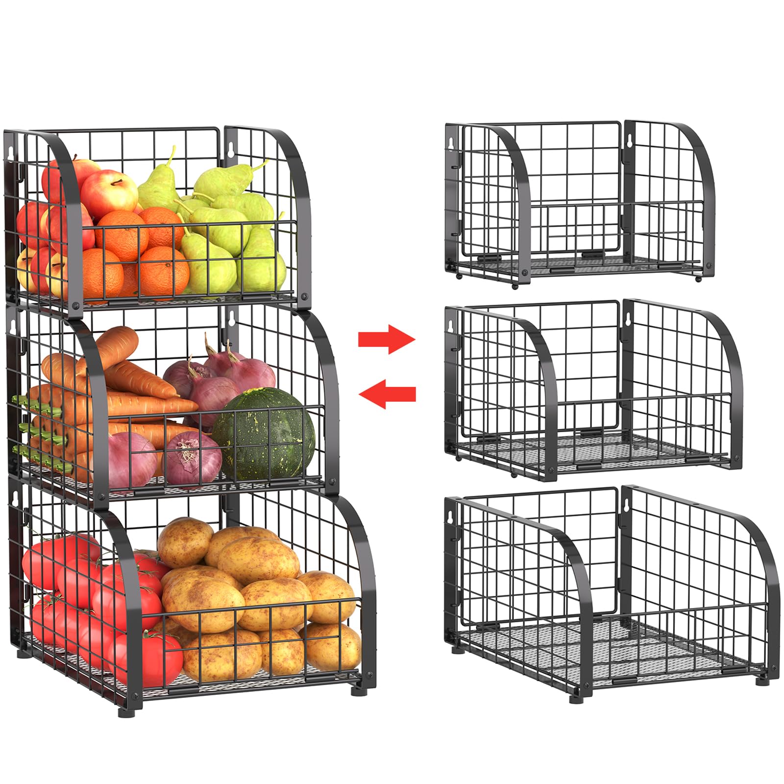 JKsmart XL 3 Tier Fruit and Vegetable Basket Stackable Countertop Organizer for Potato Onion Storage Wall-mounted Kitchen Wire Storage Baskets Stand Bins for Pantry Cabinet For Snack Produce,Black