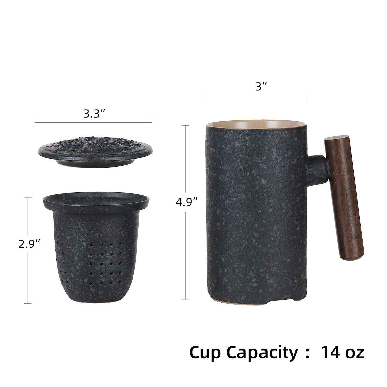 MAKOUYU Ceramic Tea Cup with Infuser and Lid 14 Ounce Infusion Mugs for Tea Bag Coffee Home Office Porcelain Teaware with Filter (Black)
