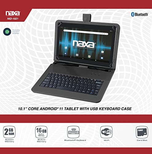 Naxa NID-1021 Core Android 11 Tablet with 10.1” HD IPS Screen and USB Keyboard Case, 1.6 GHz Quad Core Processor, 2GB Ram, 16GB Storage, Front and Rear Cameras, Speaker and Microphone, Black