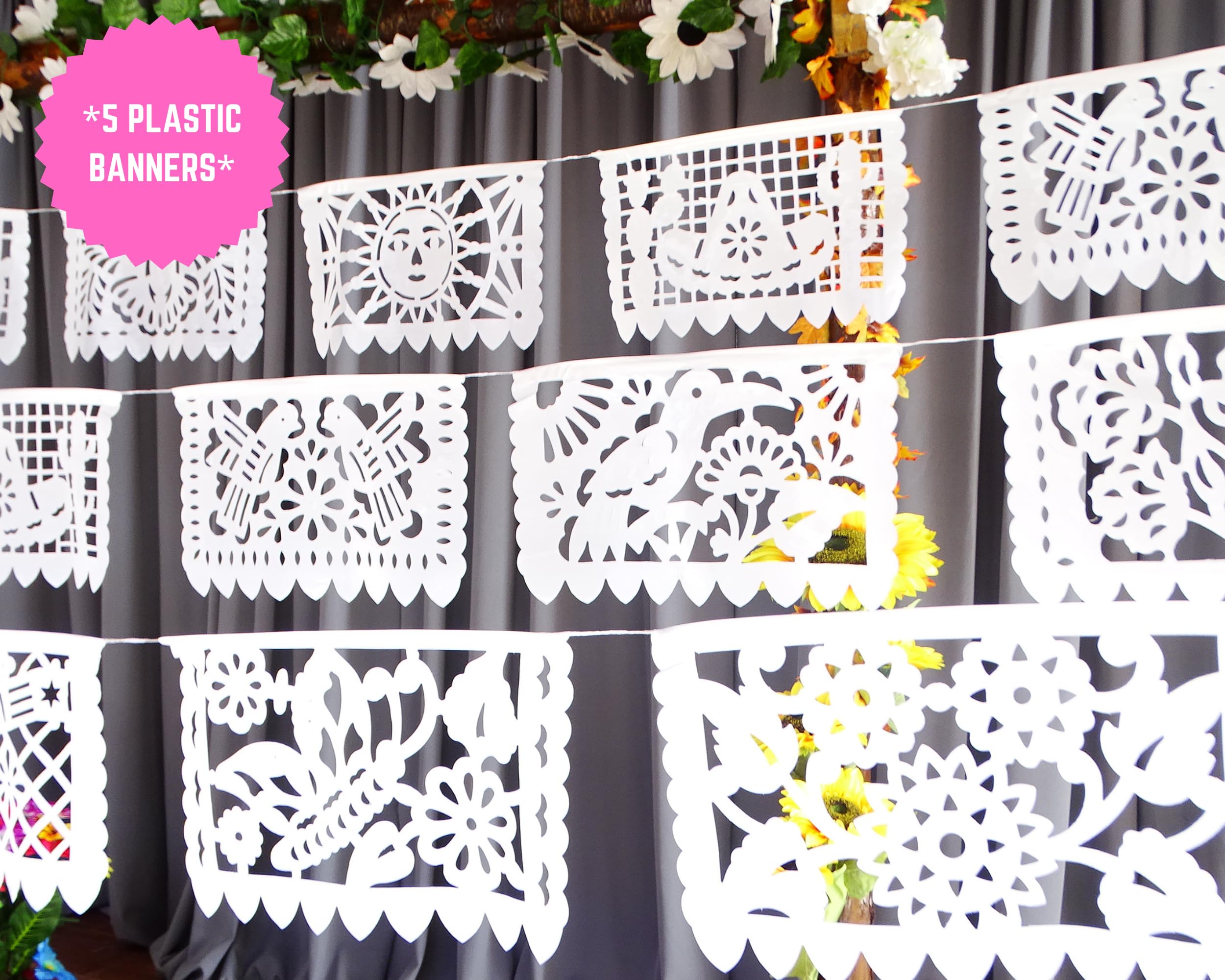 White Papel Picado Banner - Plastic Papel Picado Banner, garland, bunting, streamers - Fiesta Decorations - Mexican white Decorations for mothers day, bridal shower, weddings 5 pack/60 feet