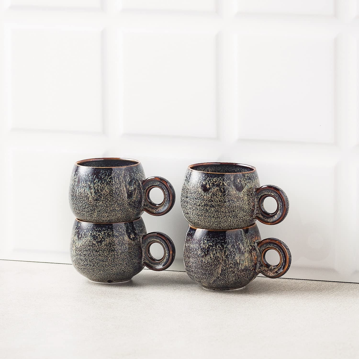 KYBSCZ Ceramic Espresso Cups Set of 4, 3 Ounces Demitasse Cups, Porcelain Mini Coffee Cups, Small Ceramic cups set Made by Fambe Reactive Glaze,Caramel Gray