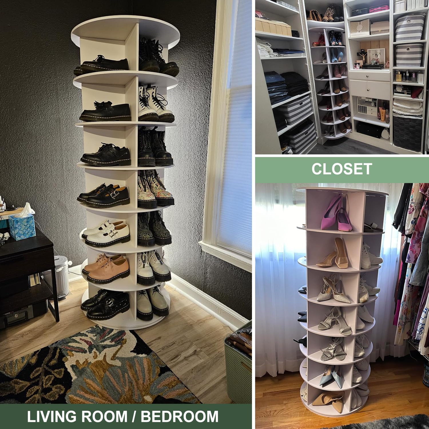 Rotating Shoe Rack Tower, 7-Tier Spinning Shoe Rack,360 Rotating Shelf Shoe Carousel Closet Organizer, Lazy Susan Shoe Cabinet for Entryway Hallway, Modernas Zapatero Giratorio, White