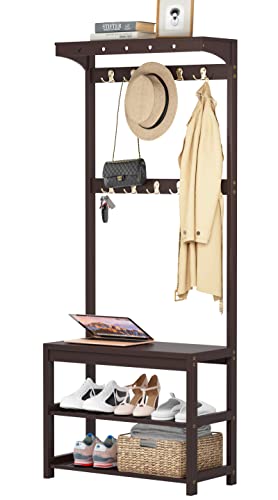 SEIRIONE Bamboo Coat Rack Shoe Bench, 5 in 1 Design Freestanding Hall Tree for Entryway Storage Organizer, 10 Hanger Hooks, 1 Upper Shelf, Easy Assembly,Dark Brown