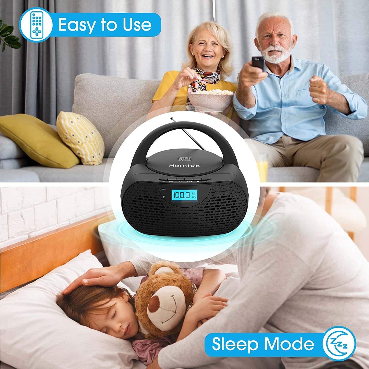 Portable Bluetooth CD Boombox, Mini Small CD Player with Remote Control, Rechaegeable FM Radio, Stereo Sound Speaker Audio Player, USB Port, AUX Input Headphone Jack (Black)