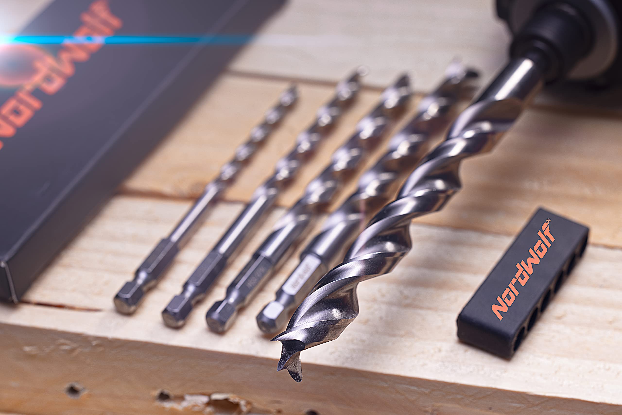 NordWolf 5-Piece HSS Brad Point Wood Drill Bit Set with 1/4" Hex Shank for Carpenter Woodworking, SAE Sizes 3/16"-1/4"-5/16"-3/8"-1/2"