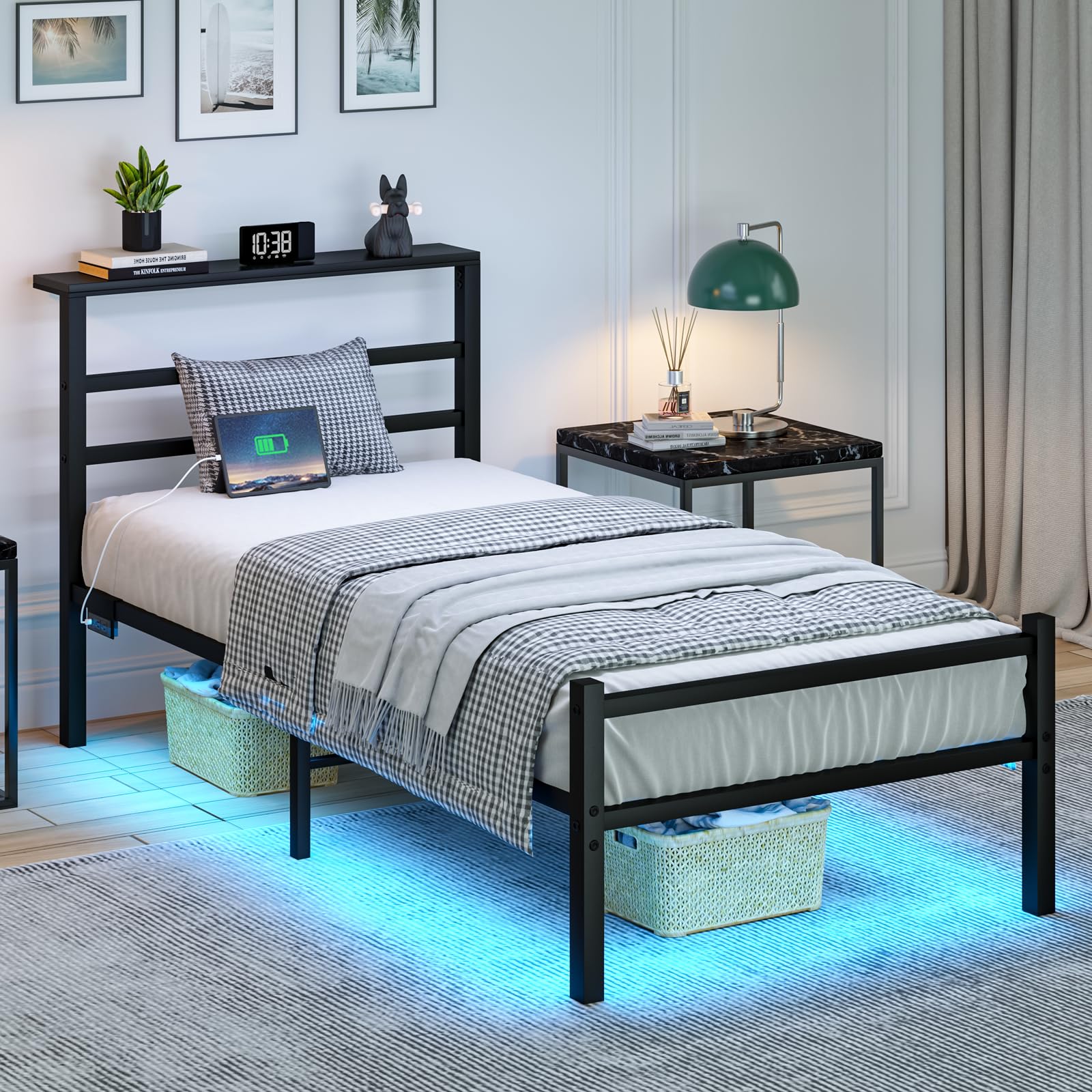 REVOMINCA Twin Bed Frame with Charging Station, Metal Platform Bed Frame with LED Lights, Storage Headboard, Heavy Duty Steel Slats, No Noise, Easy Assembly