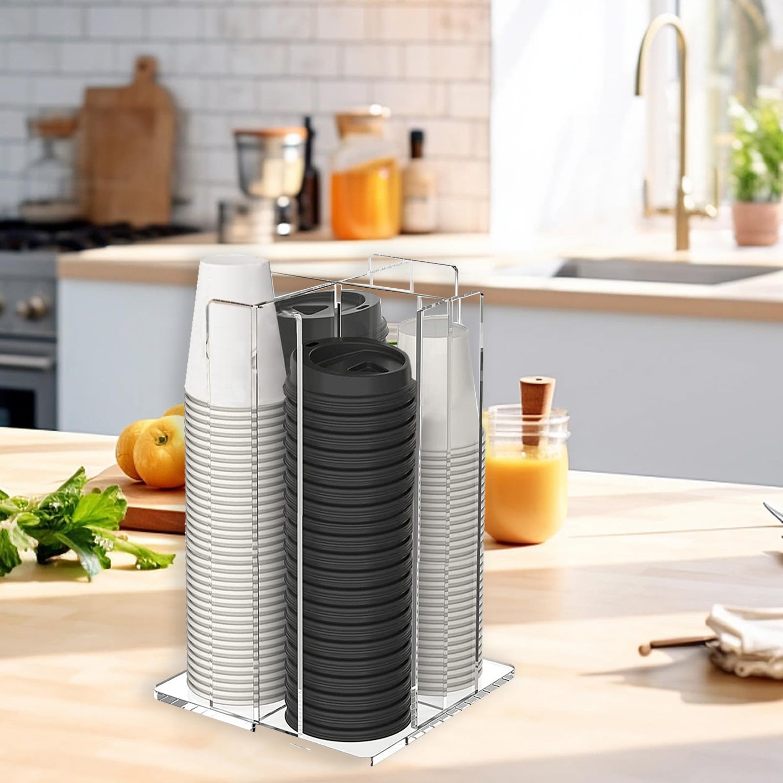 Tirifer Cup and Lid Holder, Coffee Cup Dispenser, Acrylic Cup Storage Organizer, Disposable Paper Cup Storage Holder with 4 Compartments for Countertop Coffee Station Bar Restaurant, Clear
