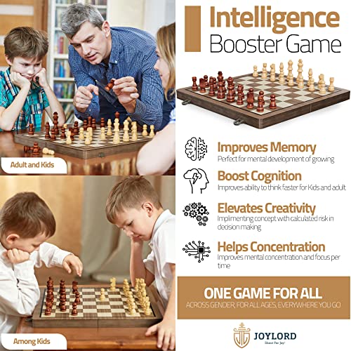 Joylord Wooden Chess and Checkers Game Set - 15" Magnetic Checkers and Chess Set - Felt Bottom, Inlaid Wood, Handcrafted Pieces, Veneer Inlay - Folding Chessboard, 2 Extra Queens