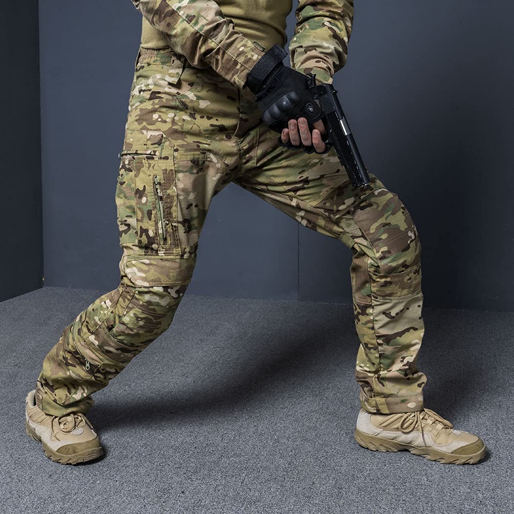 IDOGEAR Tactical Pants for Men Combat Pants with Hidden Knee Pads Military Camo Apparel Ripstop Multi-Pocket Outdoor Trousers (Multi-camo, 36W x 33L)