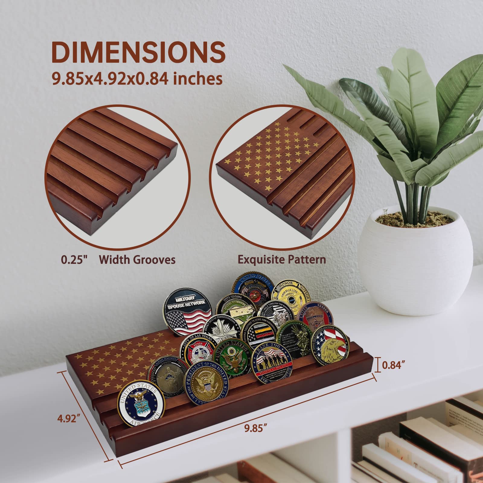LIUYALO Military Challenge Coins Display Holder,Challenge Coins Stand with American Flag,Army Collectors 6 Rows Military Coin Display Case Rack Solid Wood