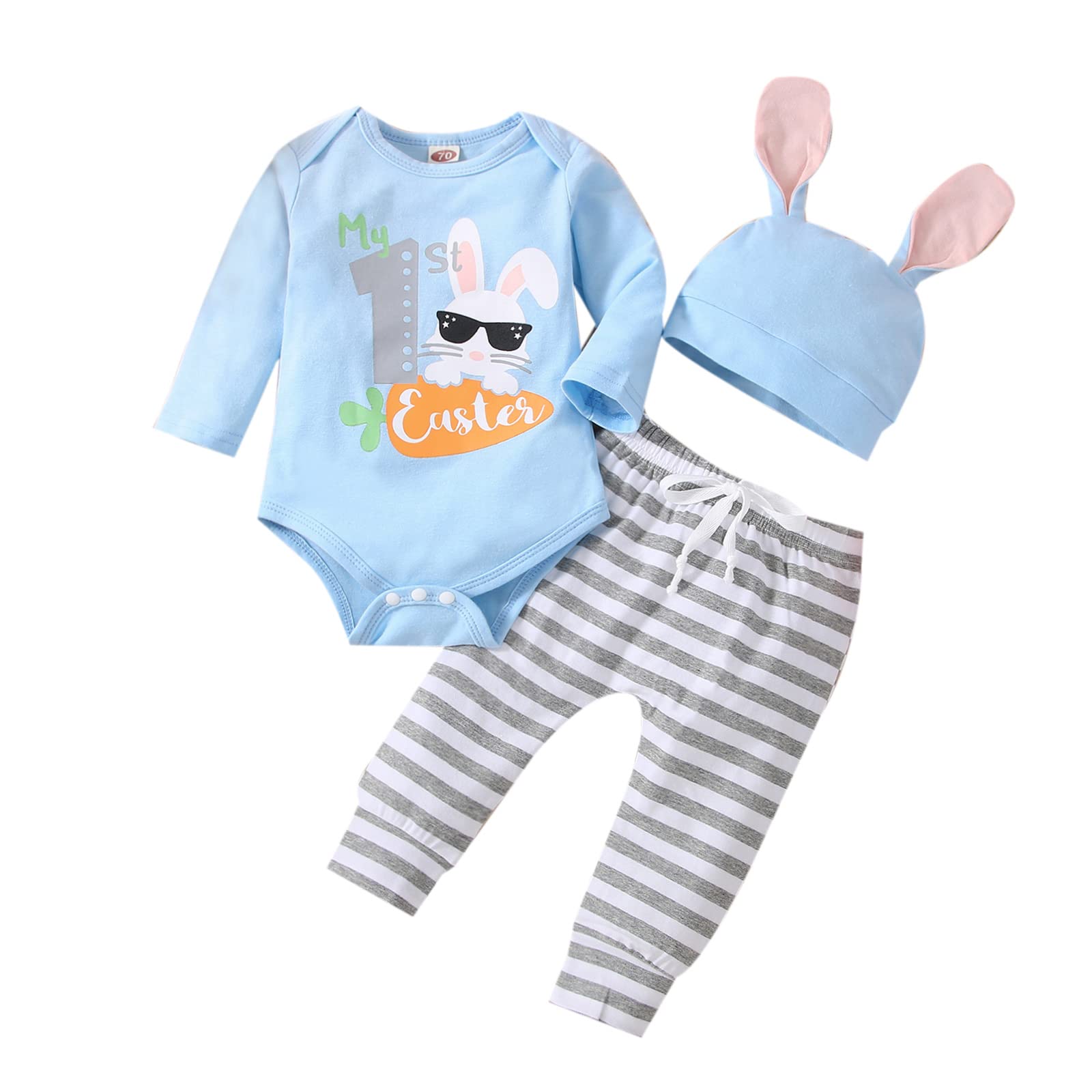 Noubeau Baby Boy Girl Easter Outfit My 1st Easter Long Sleeve Romper Stripe Pants Bunny Ears Hat 3PCS Clothes Set(Bunny-2,3-6 Months)