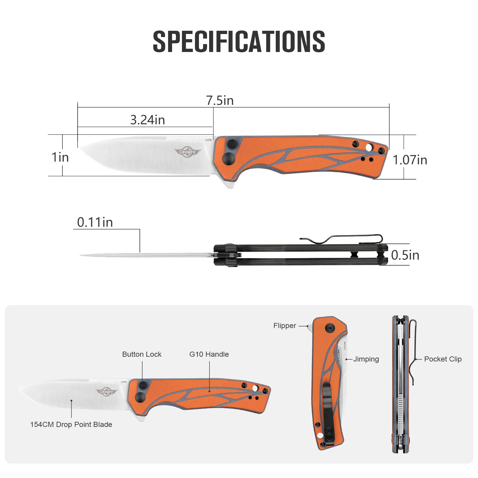 OKNIFE Mettle EDC Pocket Knife, 3.24 inch 154CM Folding Knife with Pocket Clip, G10 Handle Flipper Knife for Hunting, Camping and Work (Orange)