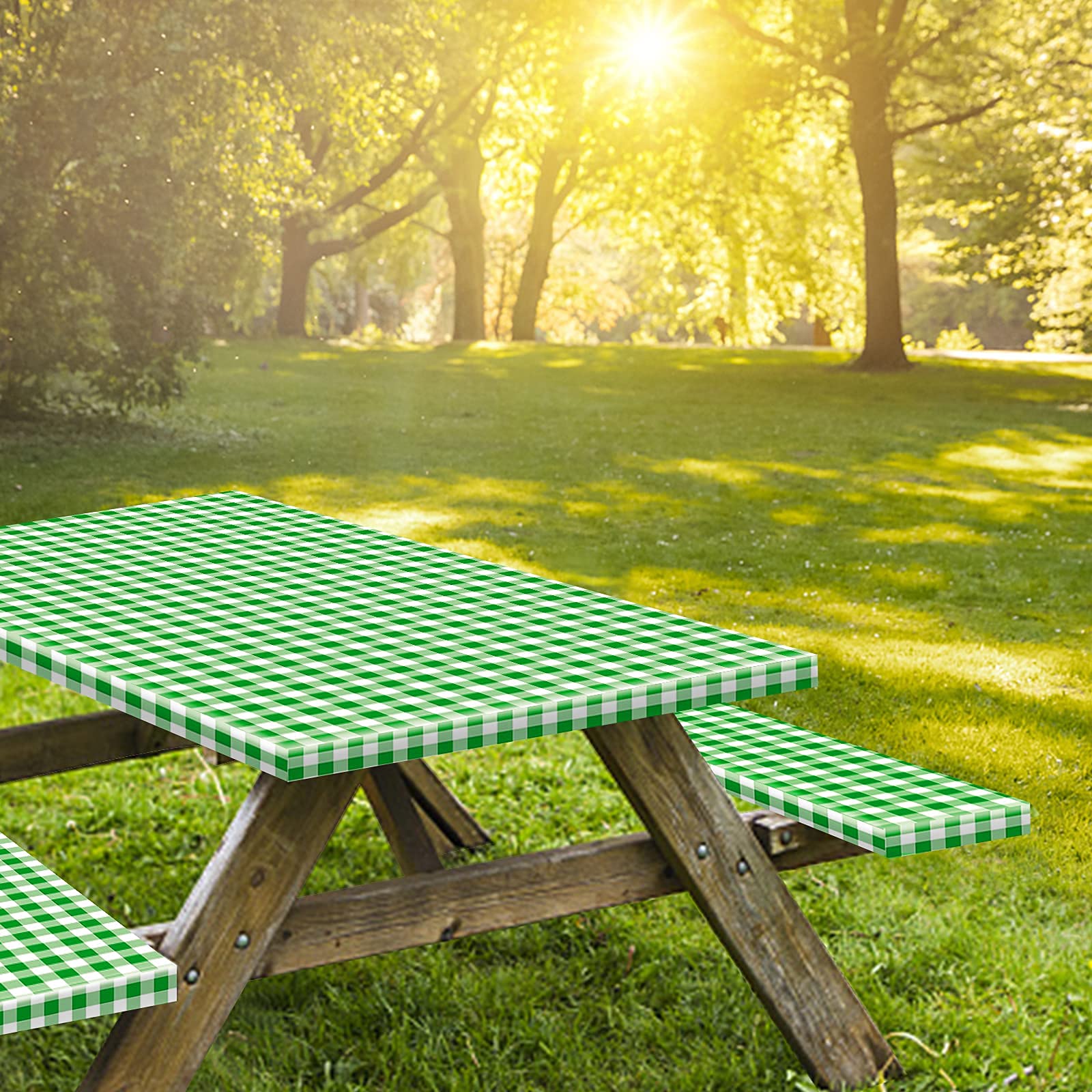 Picnic Table and Bench Fitted Tablecloth Cover, 3 Pack Set, KENOBEE Flannel Backing Elastic Edge Waterproof Wipeable Plastic Cover Fitted Vinyl Tablecloth for Home Goods Outdoor Patio,Green-White
