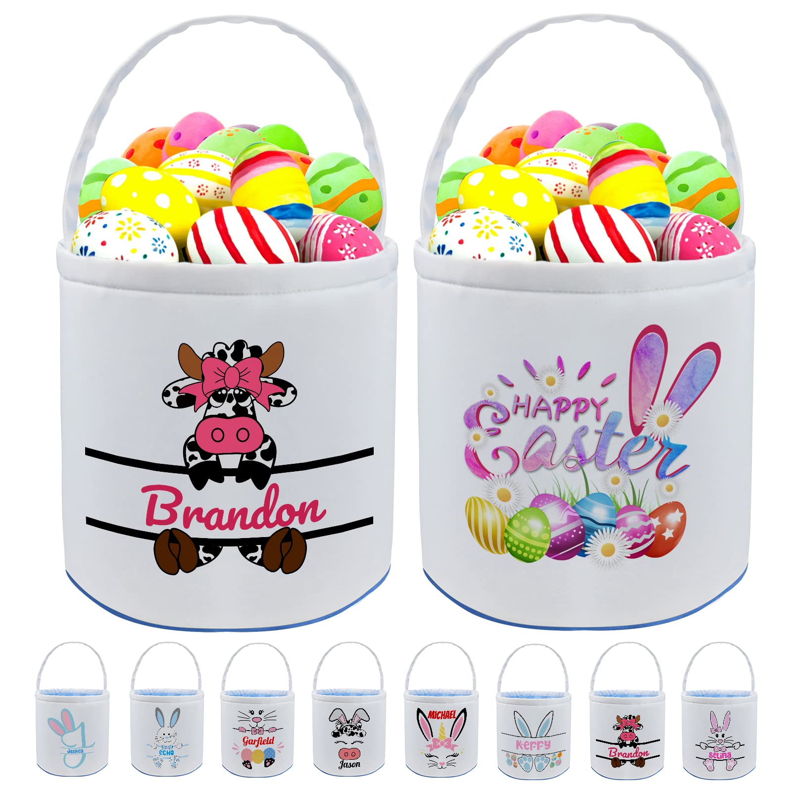 Personalized Easter Basket for Kids Boys Girls with Name Custom Buny Easter Baskets with Handle Eggs Candy Gift Bags Toy Storage Basket-Design 16