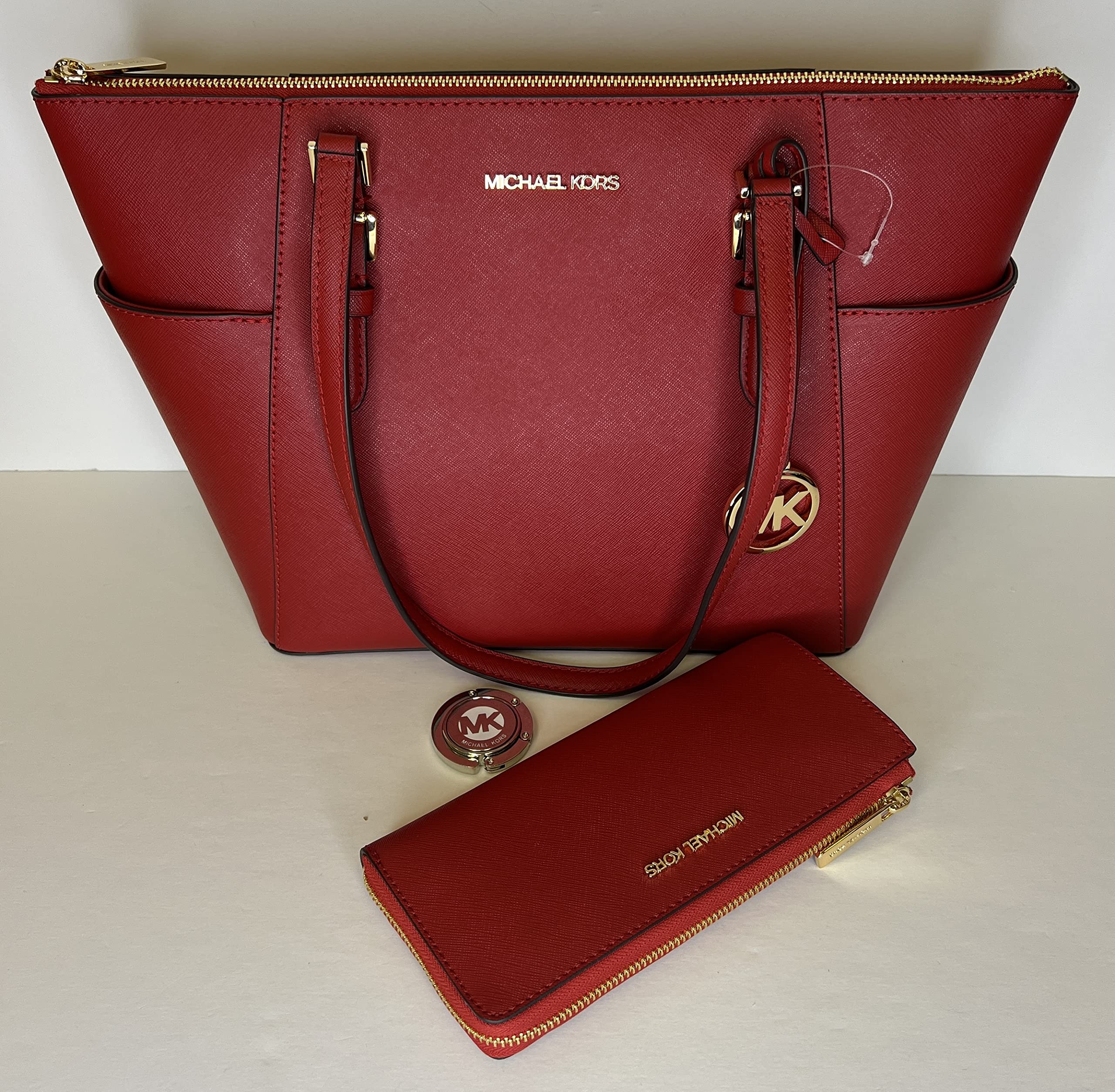 Michael Kors Charlotte Large Top Zip Tote bundled with Quarter-Zip Wallet Purse Hook (Chili Red)